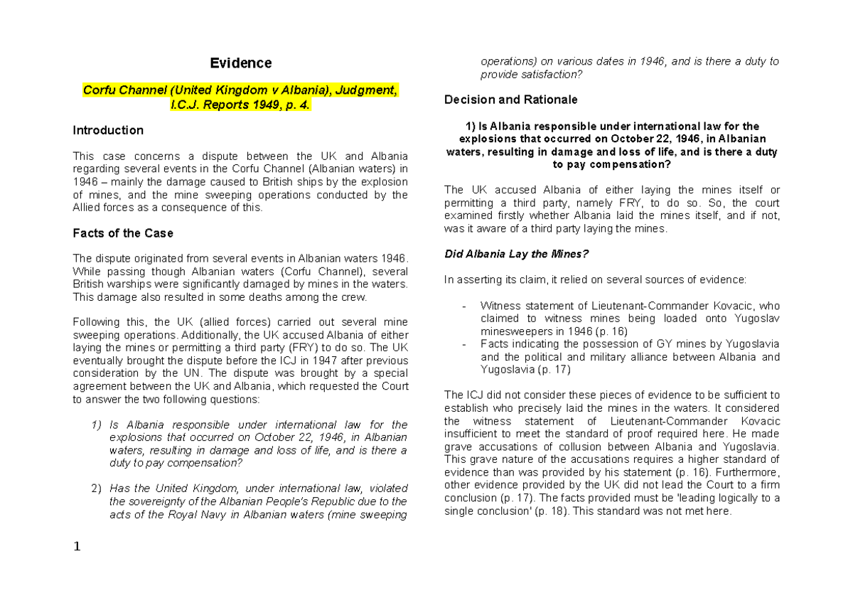Corfu Channel Case (UK v Albania) - ICJ Judgment Analysis - Studeersnel
