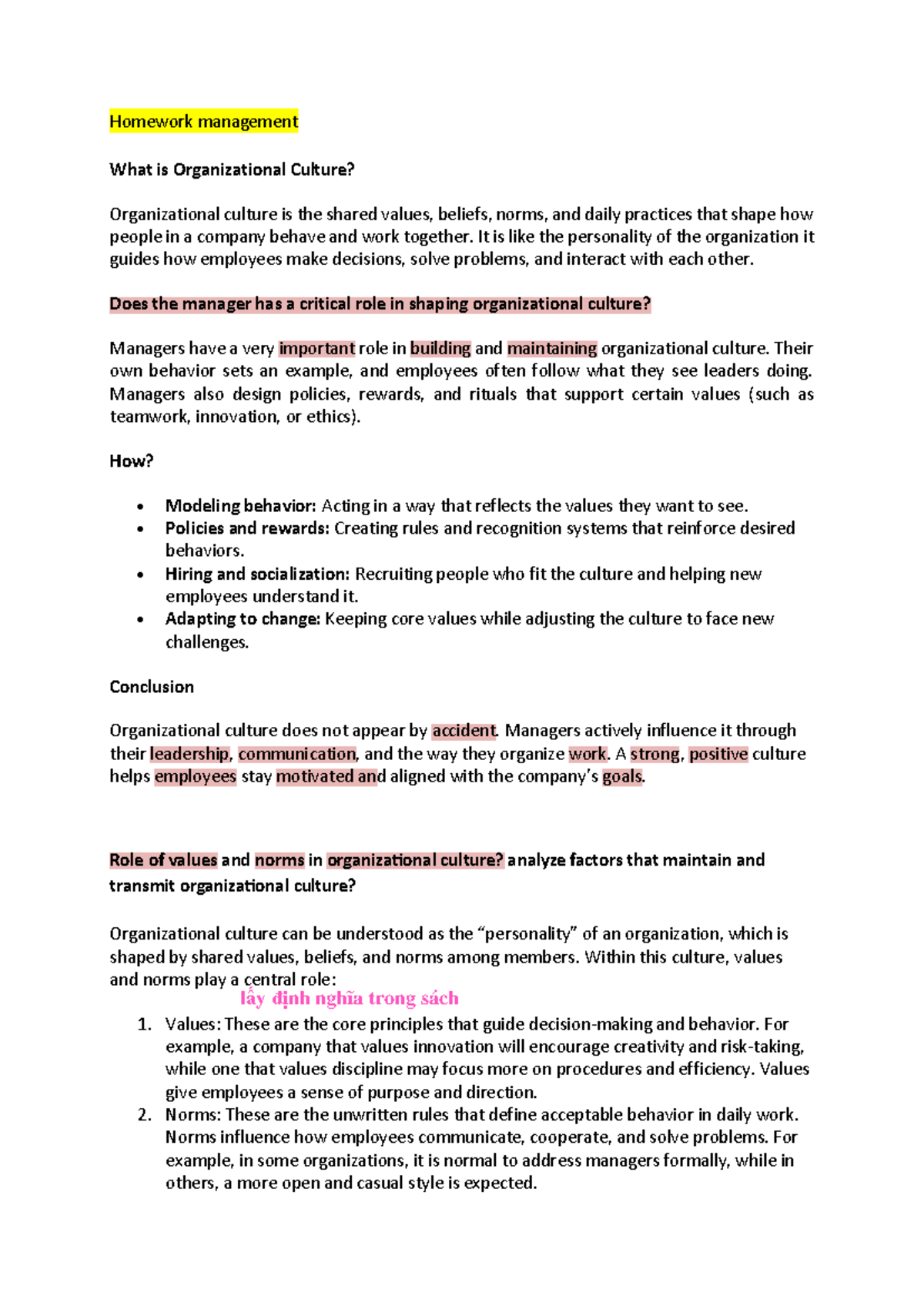 Management Homework: Understanding Organizational Culture and Its ...