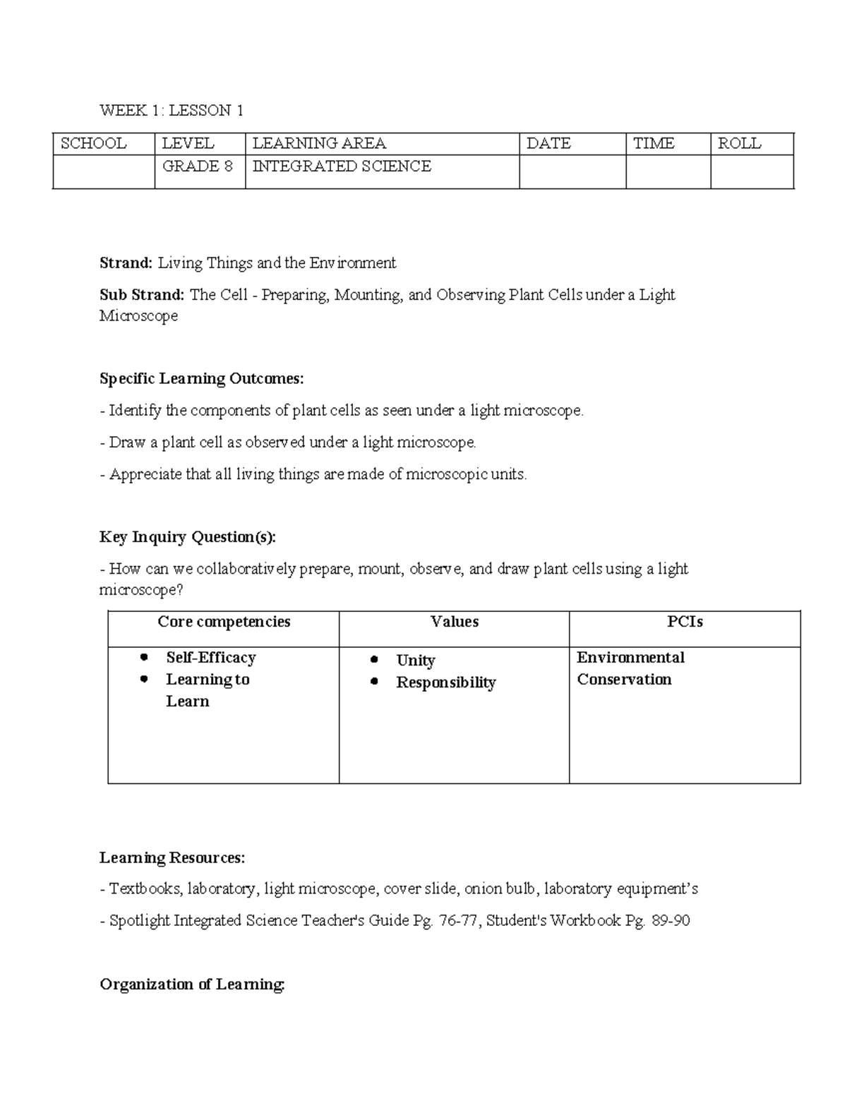 Grade 8 Integrated Science Lesson Plans: Plant & Animal Cells (Term 2 ...