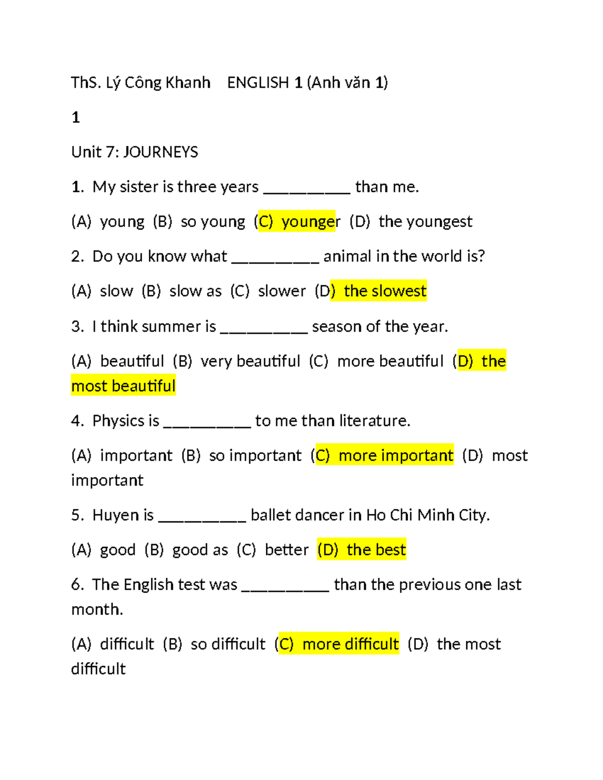 Unit 7: Journeys - English 1 (Anh văn 1) practice exercises - Studocu
