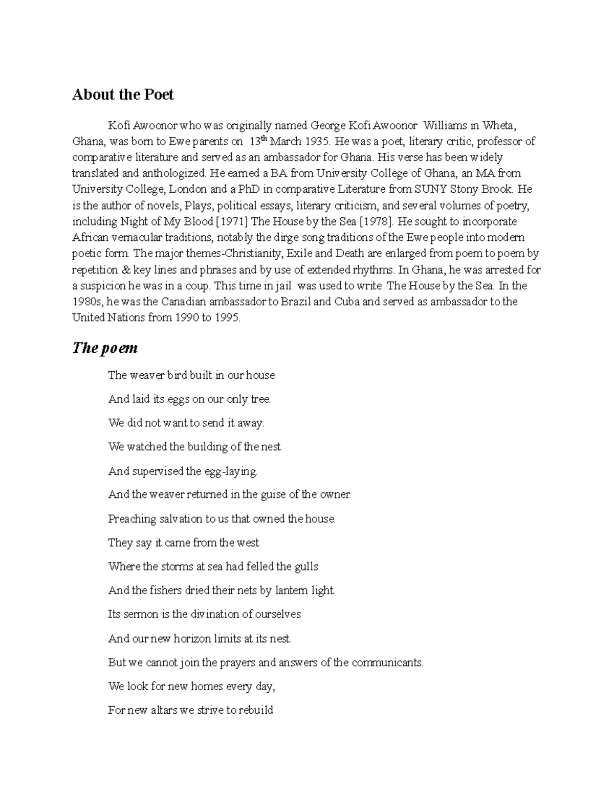 Kofi Awoonor's "The Weaver Bird": Analysis and Themes of Colonization ...