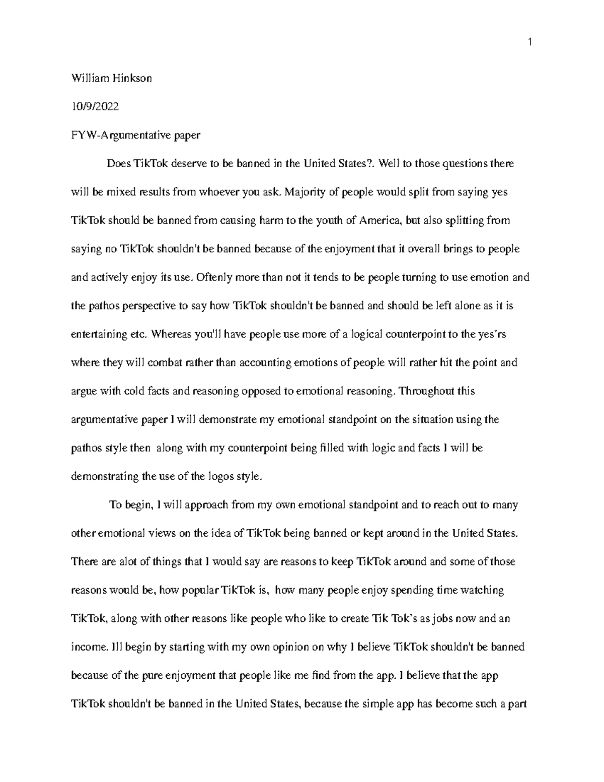 FYW-Argumentative Paper: Should TikTok Be Banned in the US? - Studocu