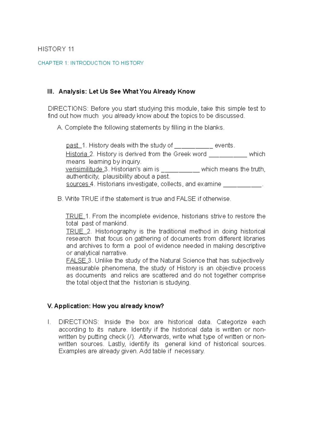 Chapter 1- Introduction to History - HISTORY 11 CHAPTER 1: INTRODUCTION TO HISTORY III. Analysis ...