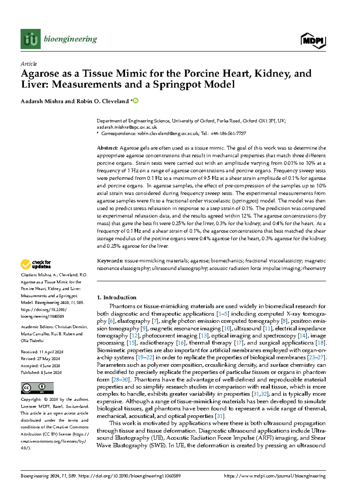 Bioengineering 2024: Agarose as a Tissue Mimic for Porcine Organs - Studocu