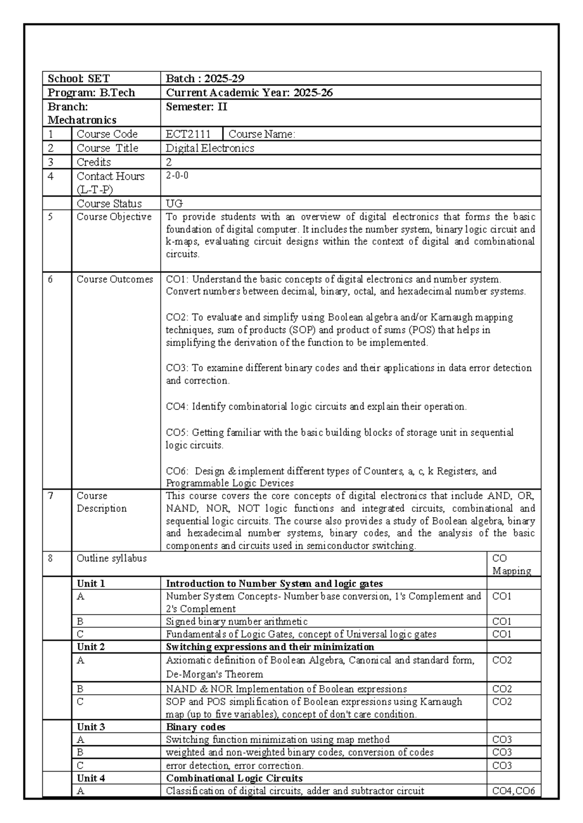 ECT2111 - Digital Electronics Syllabus for B.Tech Mechatronics II Sem ...