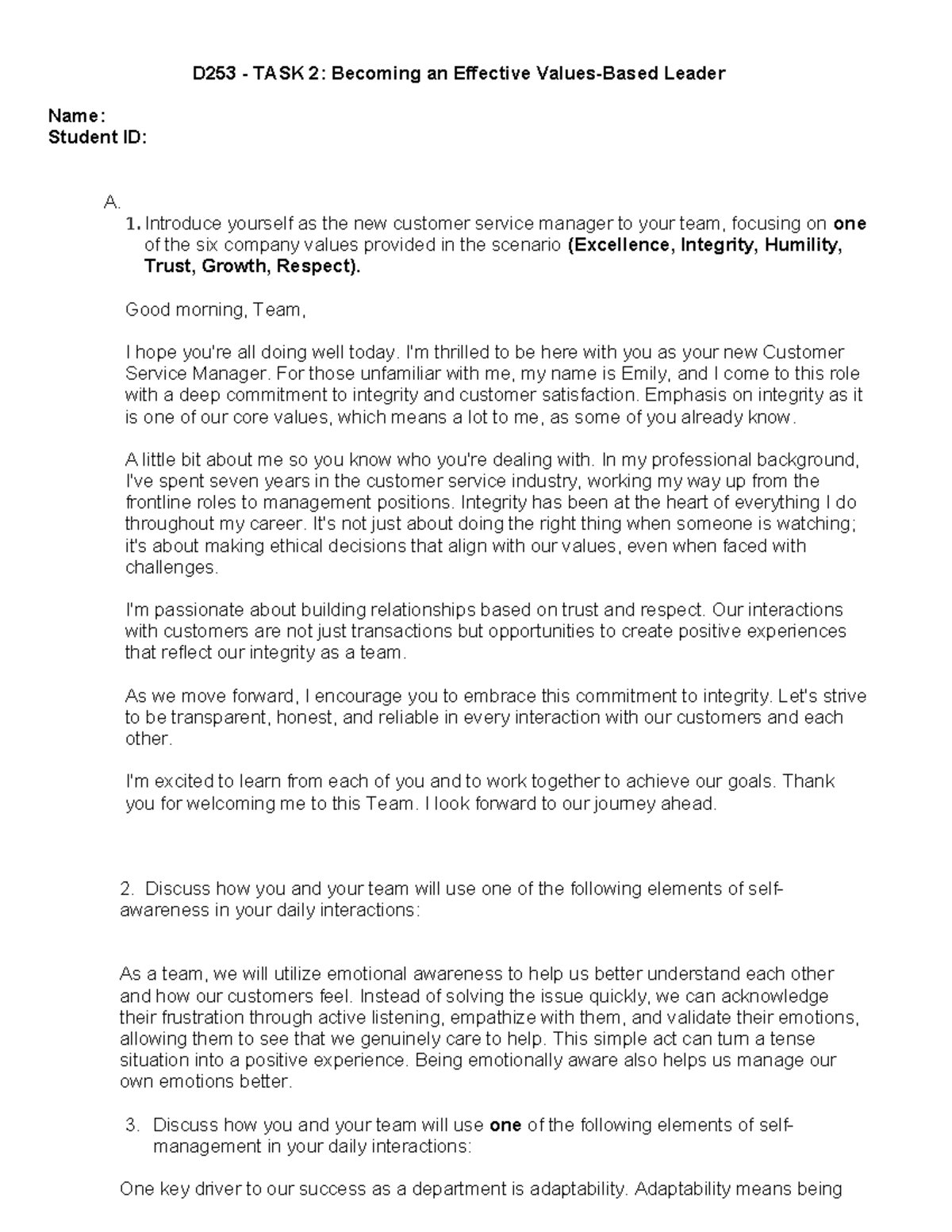 D253 - RSM3 Task 2: Strategies for Values-Based Leadership - Studocu