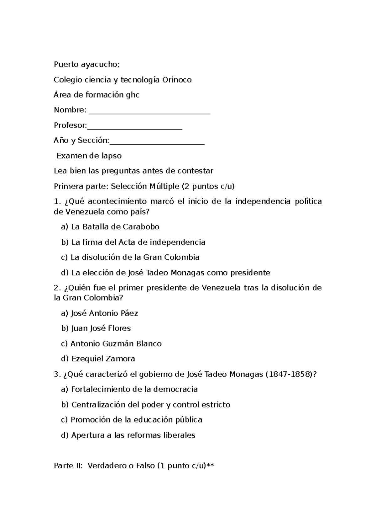 Examen de Lapso Cuarto Año GHC: Ciencia y Tecnología - Studocu
