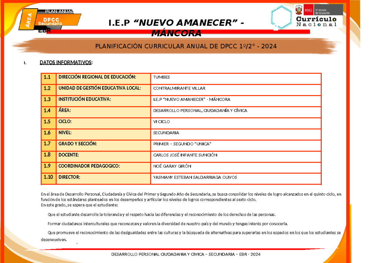 Plan Anual DPCC 2024 para Primer y Segundo Grado de Secundaria - Studocu