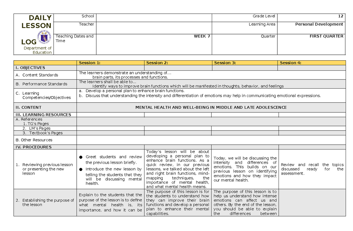 DAILY LESSON LOG: Personal Development (Grade 12, 1st Quarter) - Studocu