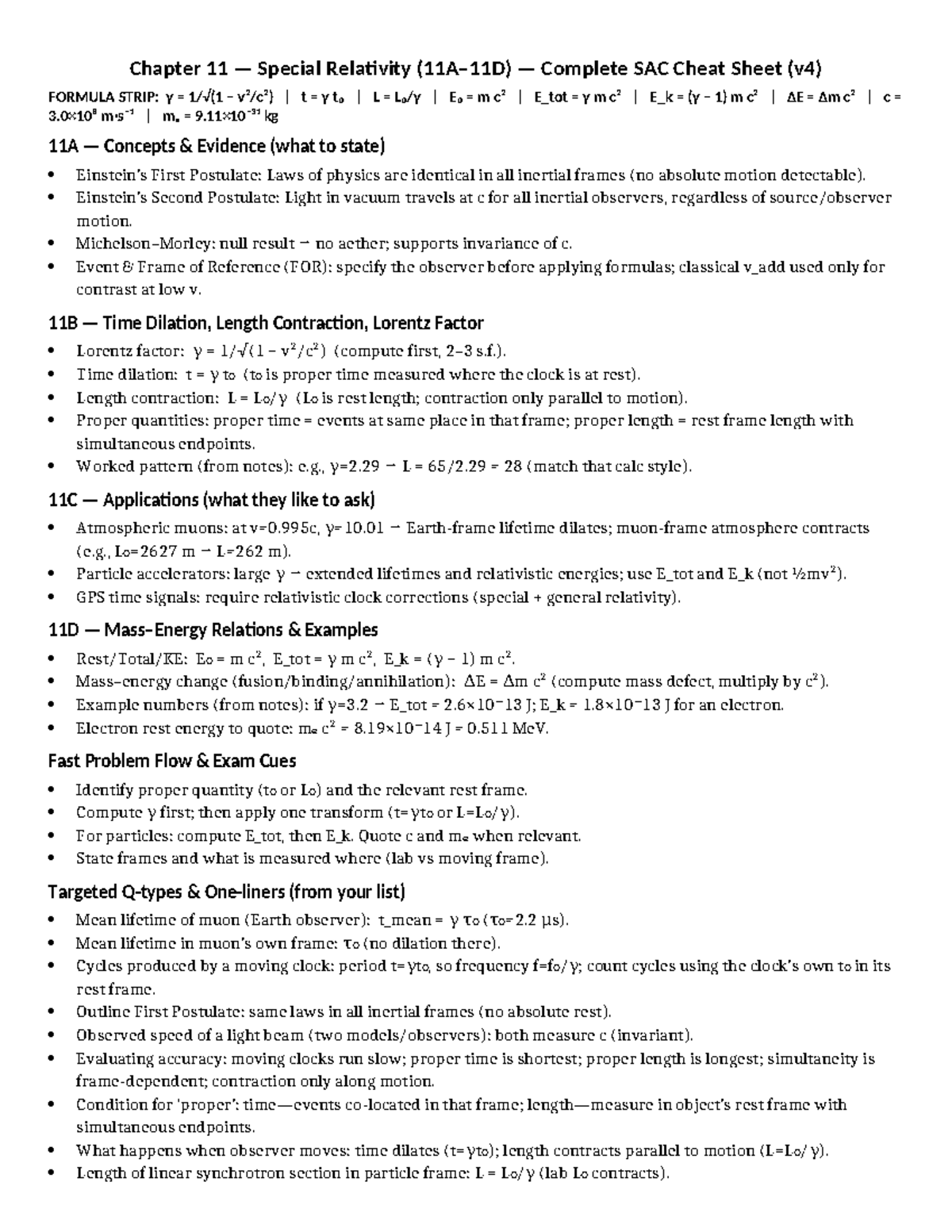 Chapter 11 Special Relativity Cheat Sheet (Final Exam) - Studocu