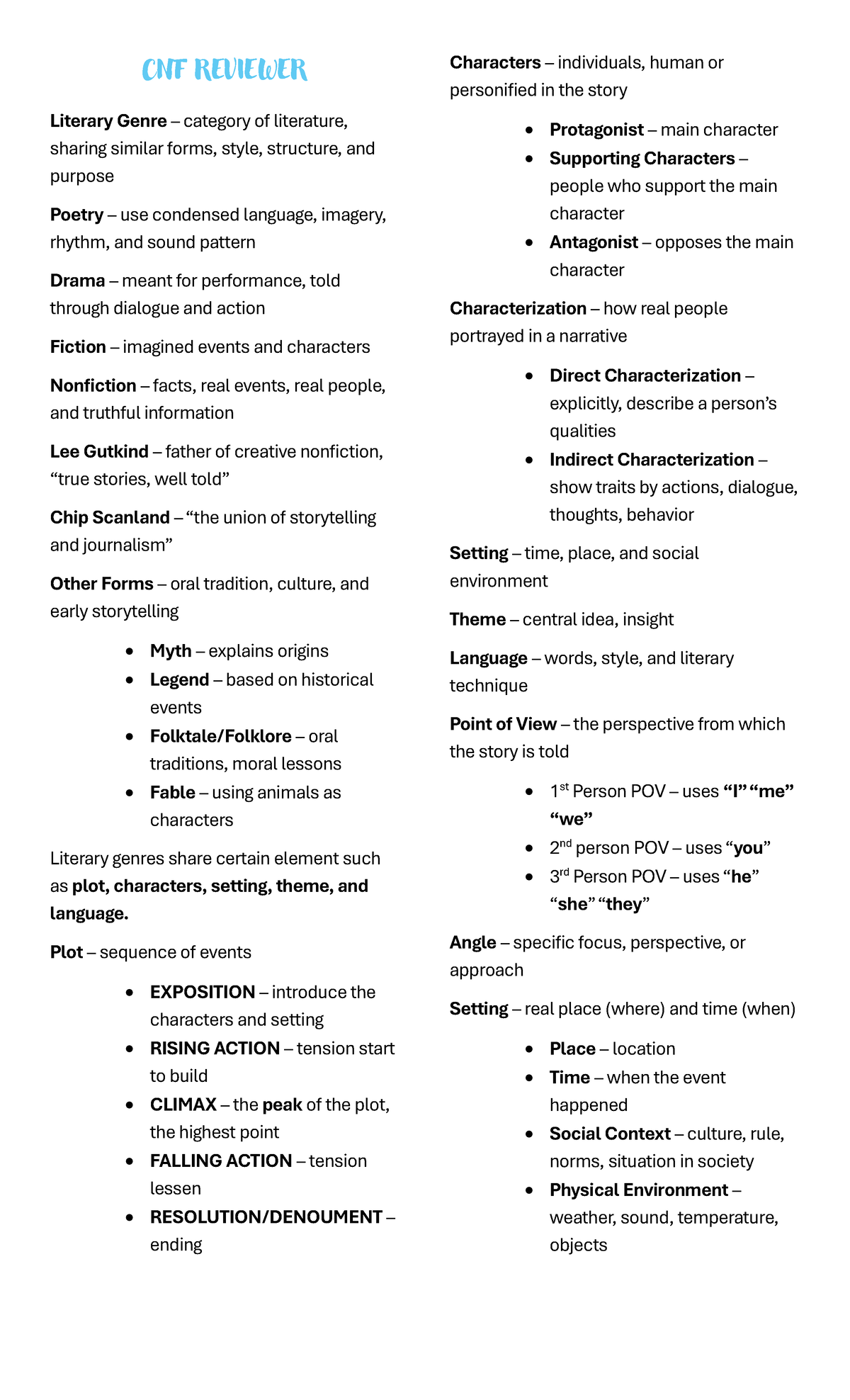 CNF- Reviewer: Understanding Literary Genres and Their Elements - Studocu