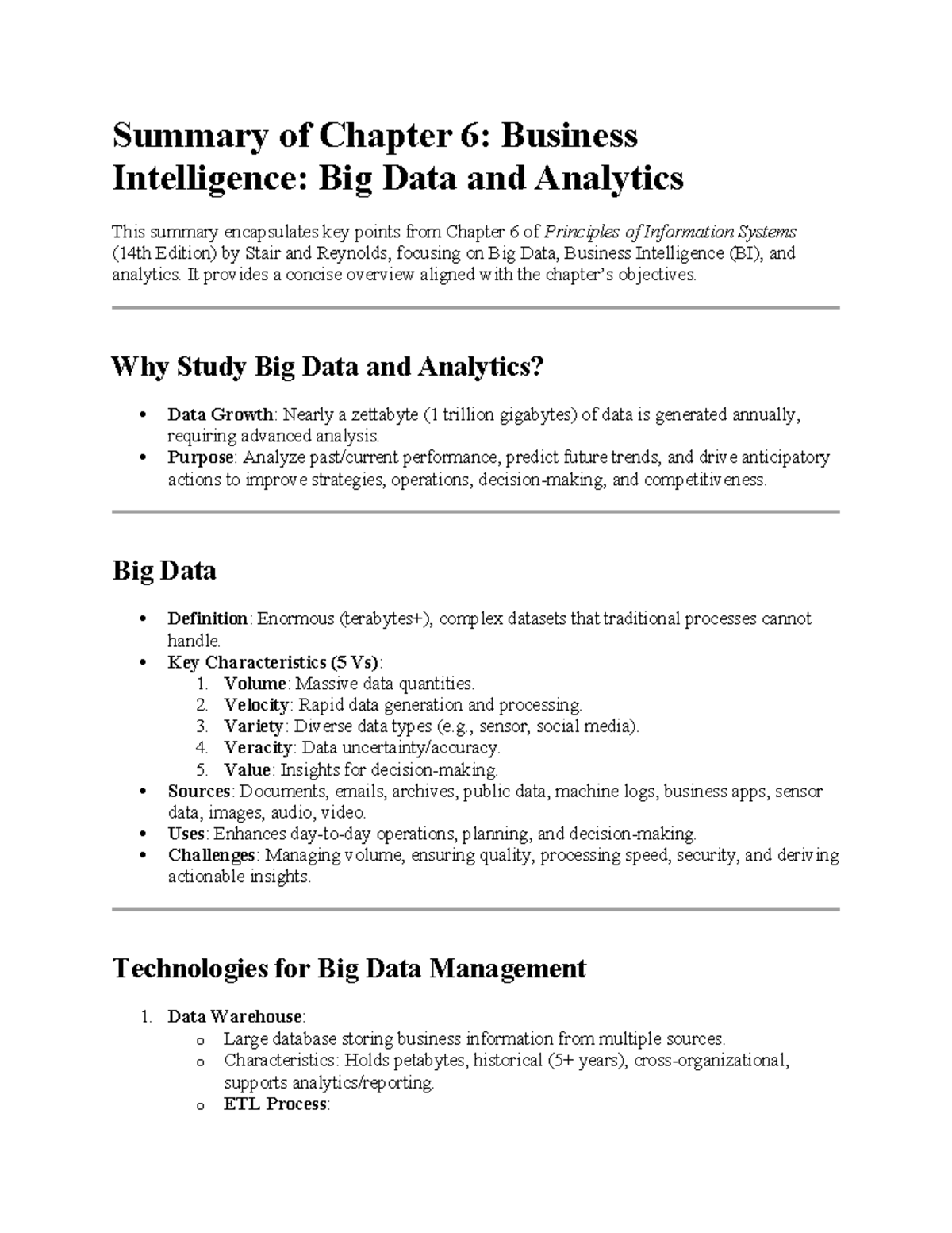 Summary of Chapter 6: Business Intelligence, Big Data & Analytics (IS 14E) - Studocu