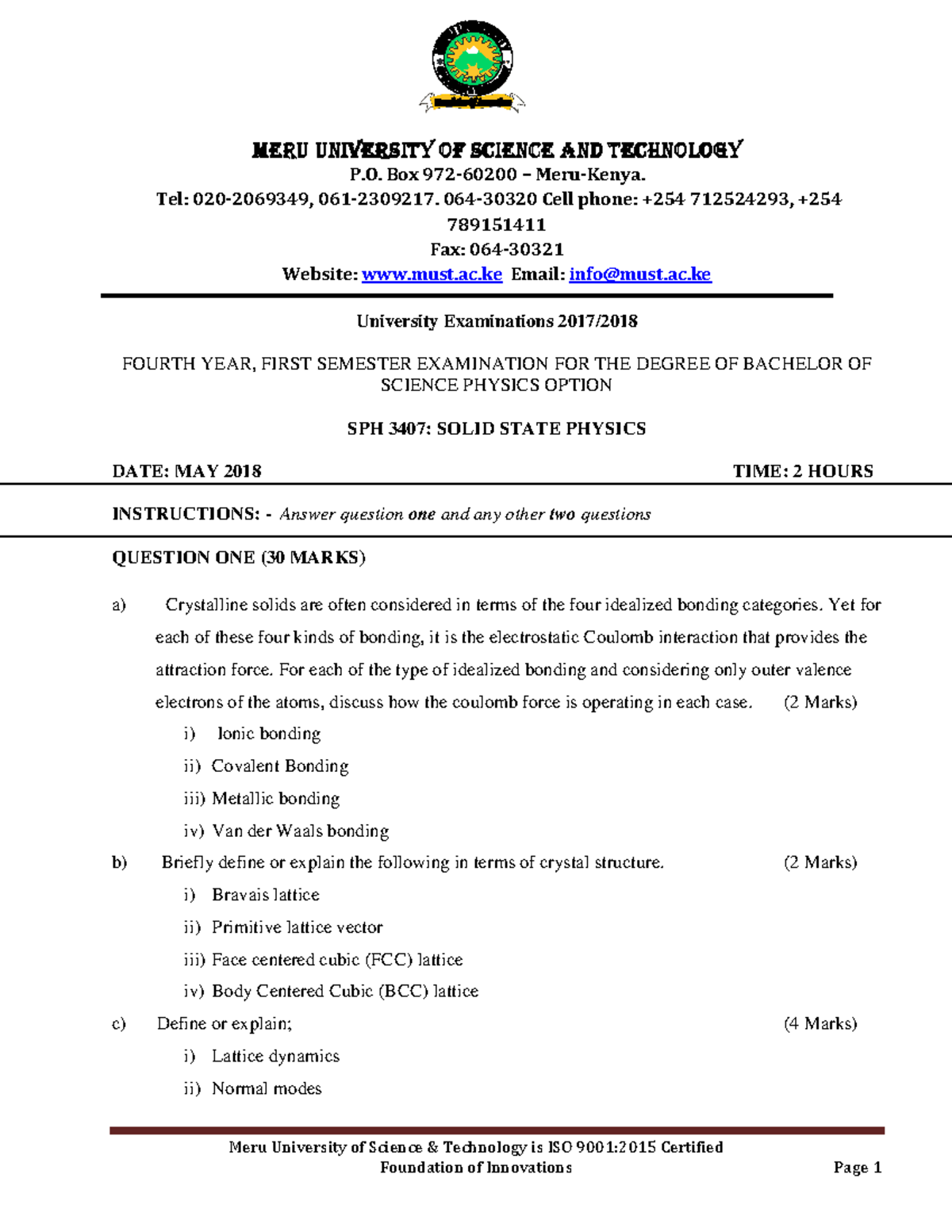 SPH 3407 Solid State Physics - Meru University of Science & Technology is ISO 9001:2015 - Studocu