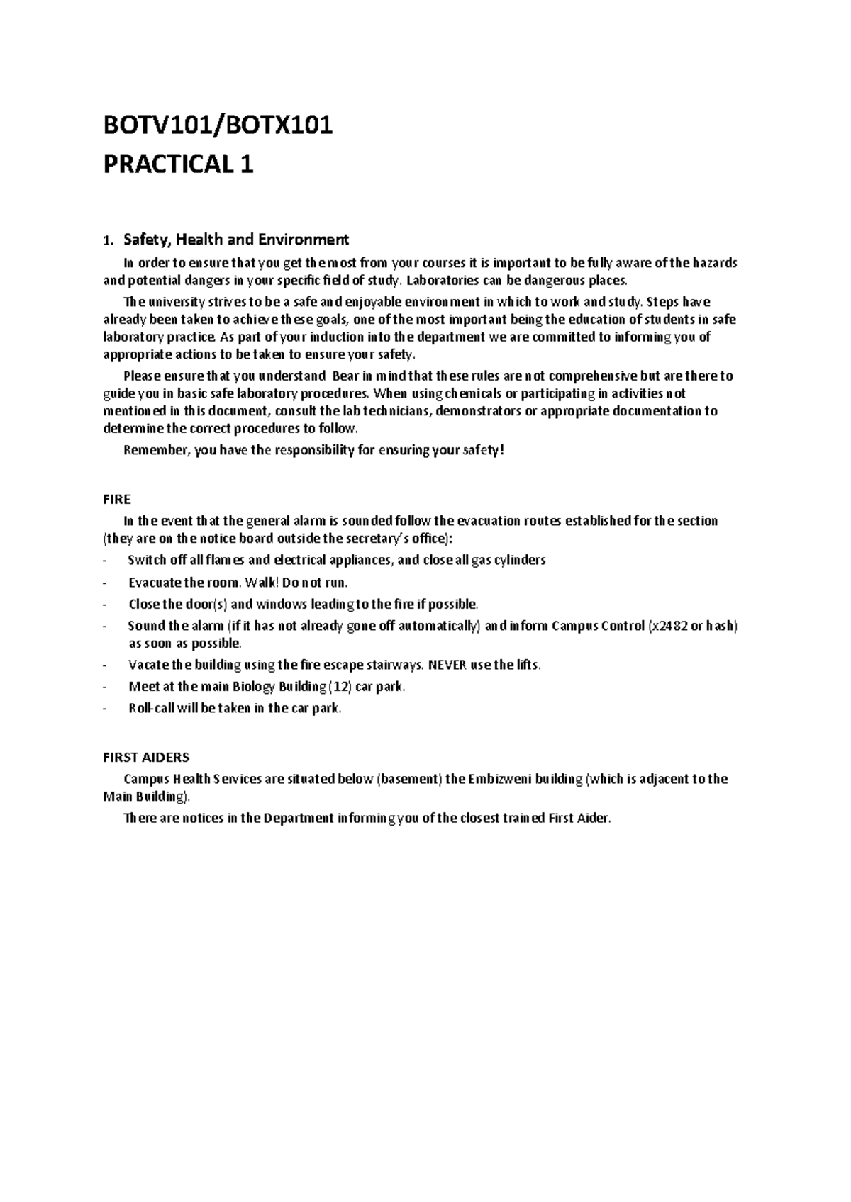 BOTV101 Prac1 Safety Guidelines for Botany Lab Procedures - Studocu