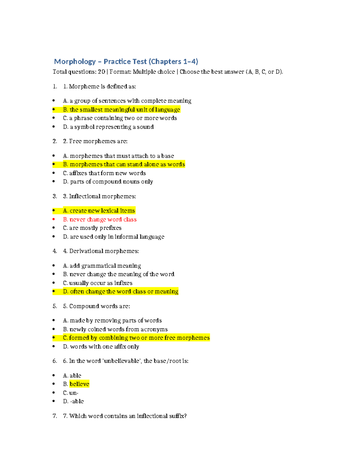 Morphology Practice Test (Chapters) with Answers and Explanations - Studocu