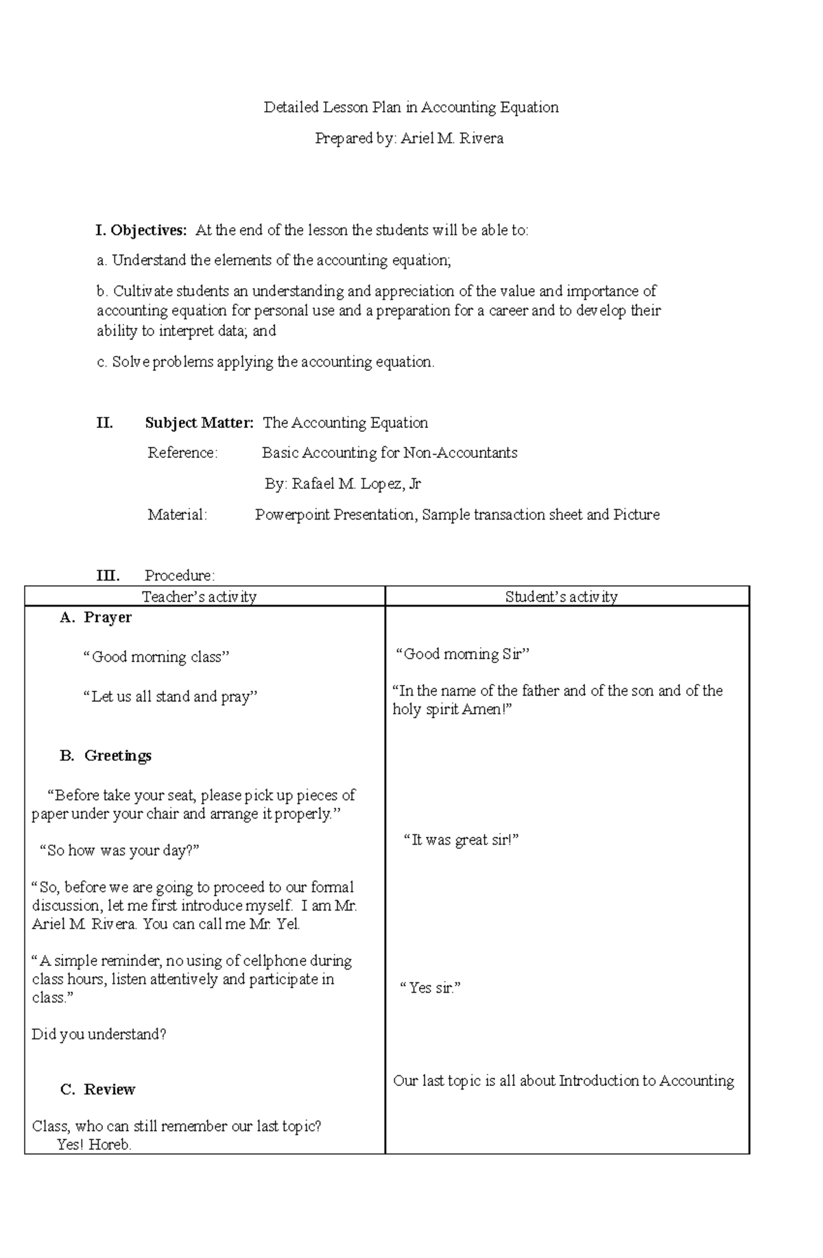 Detailed Lesson Plan: Accounting Equation (LP-Ariel Rivera) - Studocu