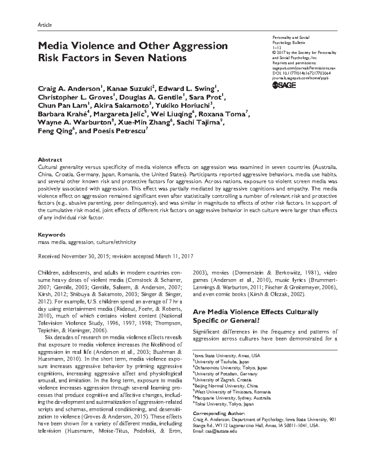 PSYCH 703064 Case Study: Examining Media Violence & Aggression Effects ...