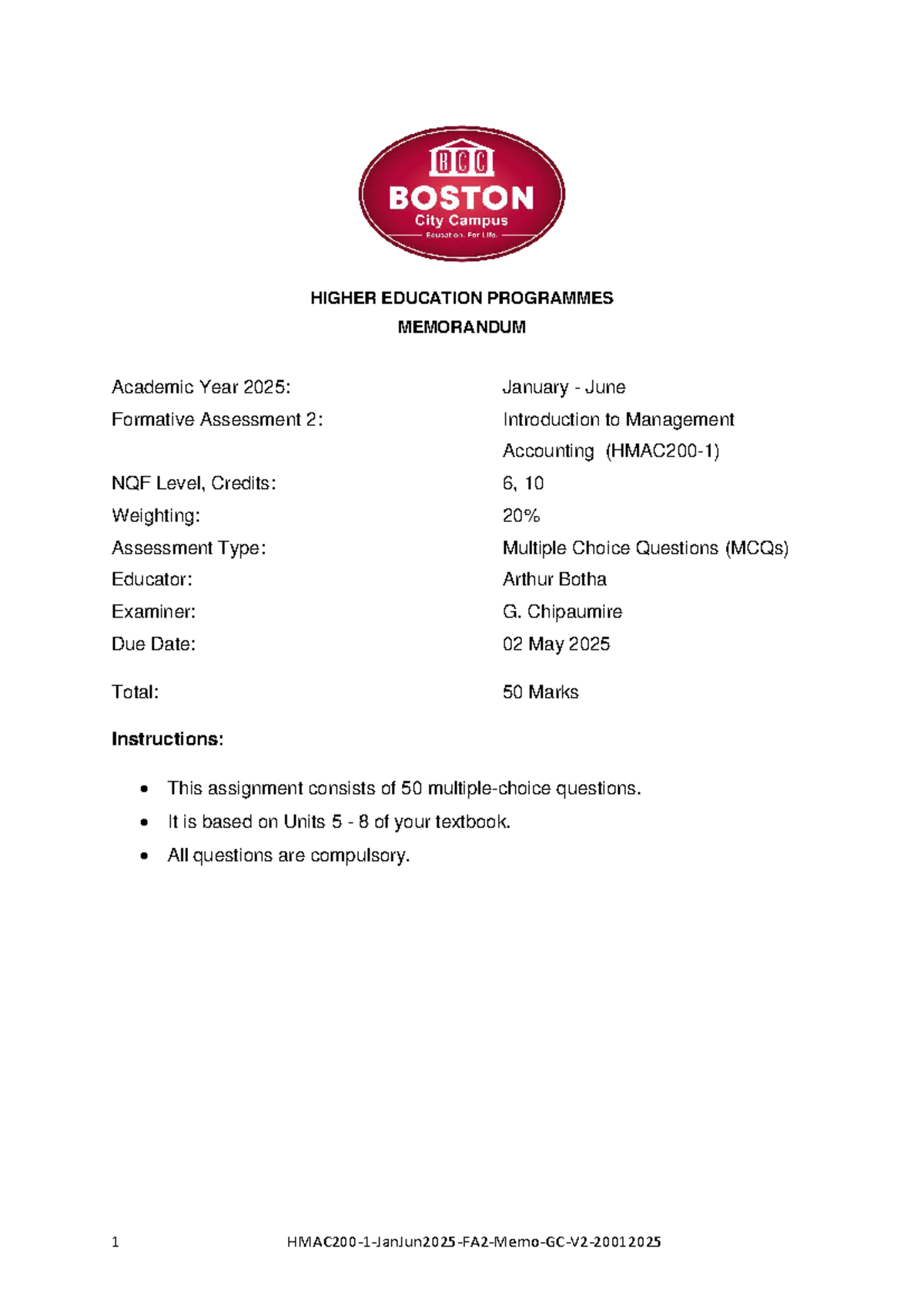 HMAC200 FA2 Memo: Management Accounting Formative Assessment 2025 - Studocu