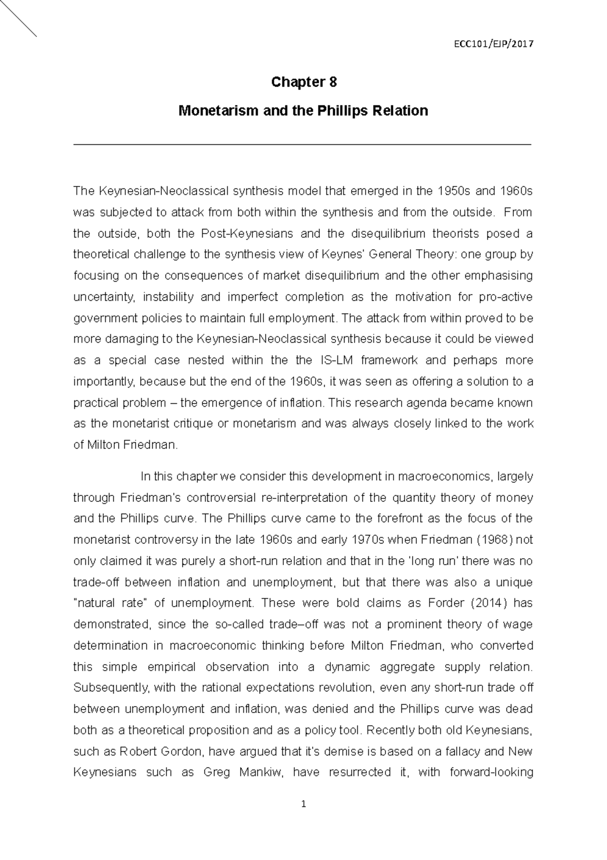 Monetarism and the Phillips Relation - Studocu