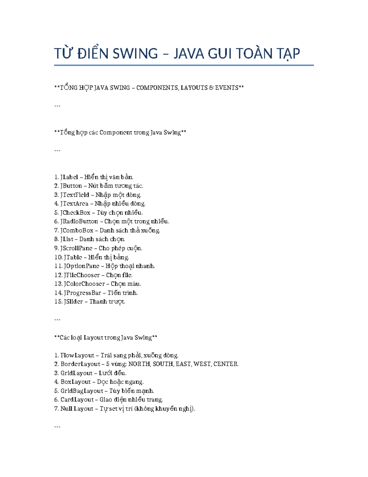Từ Điển Java Swing GUI: Hướng Dẫn Các Component & Layouts - Studocu