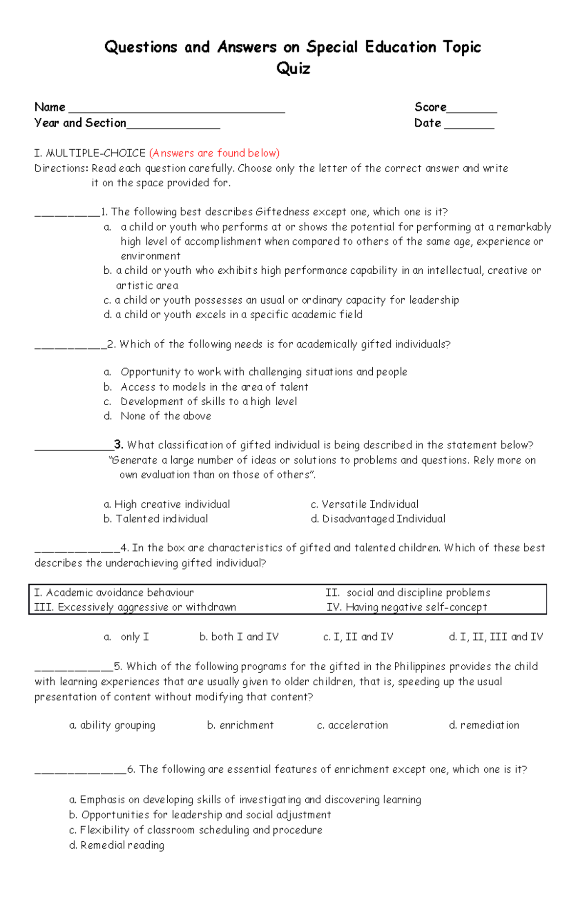 Quiz on Special Education Topics (Course Code: SE101) - Studocu