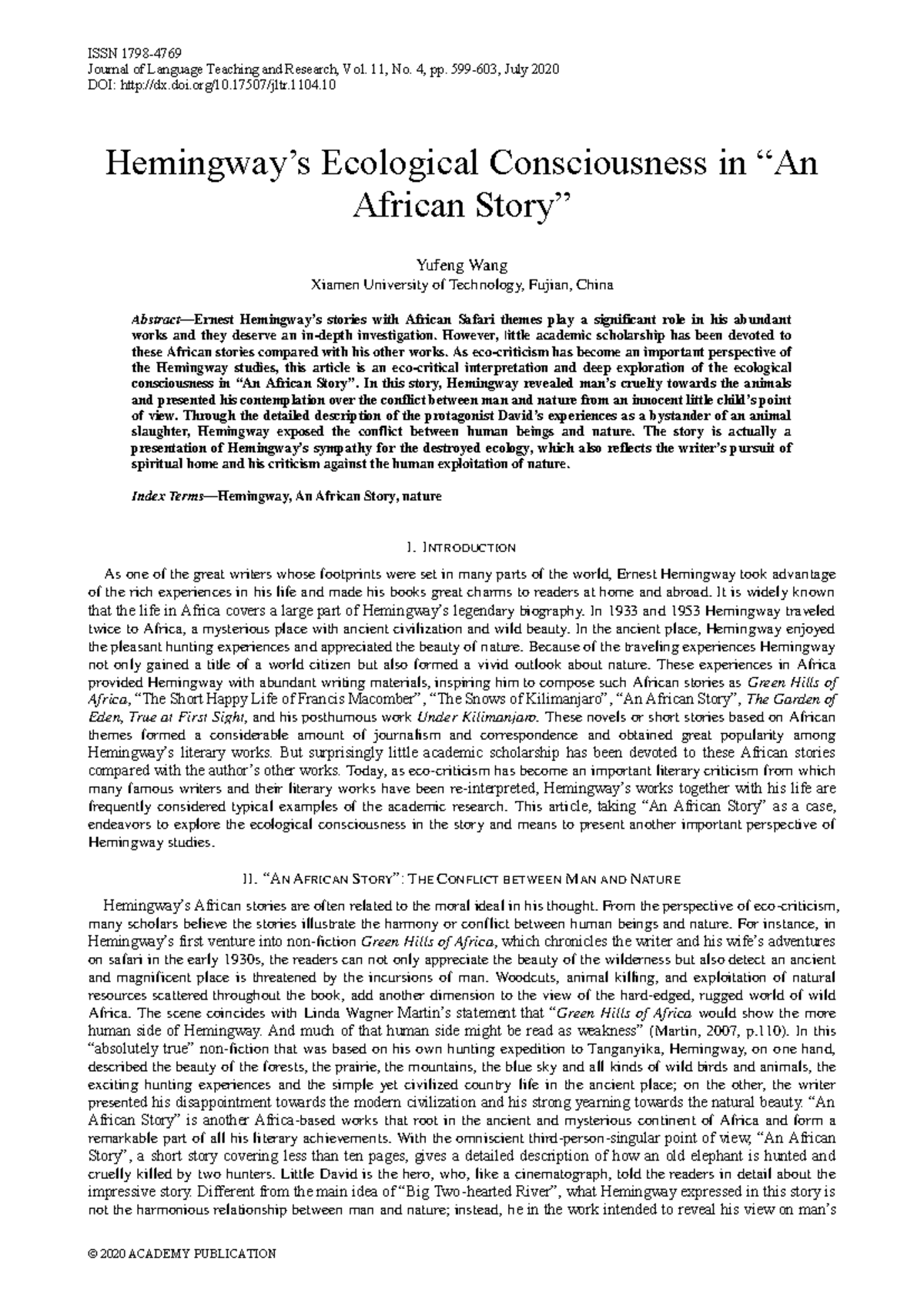 Hemingway's Ecological Consciousness in African Stories (ISSN) - Studocu