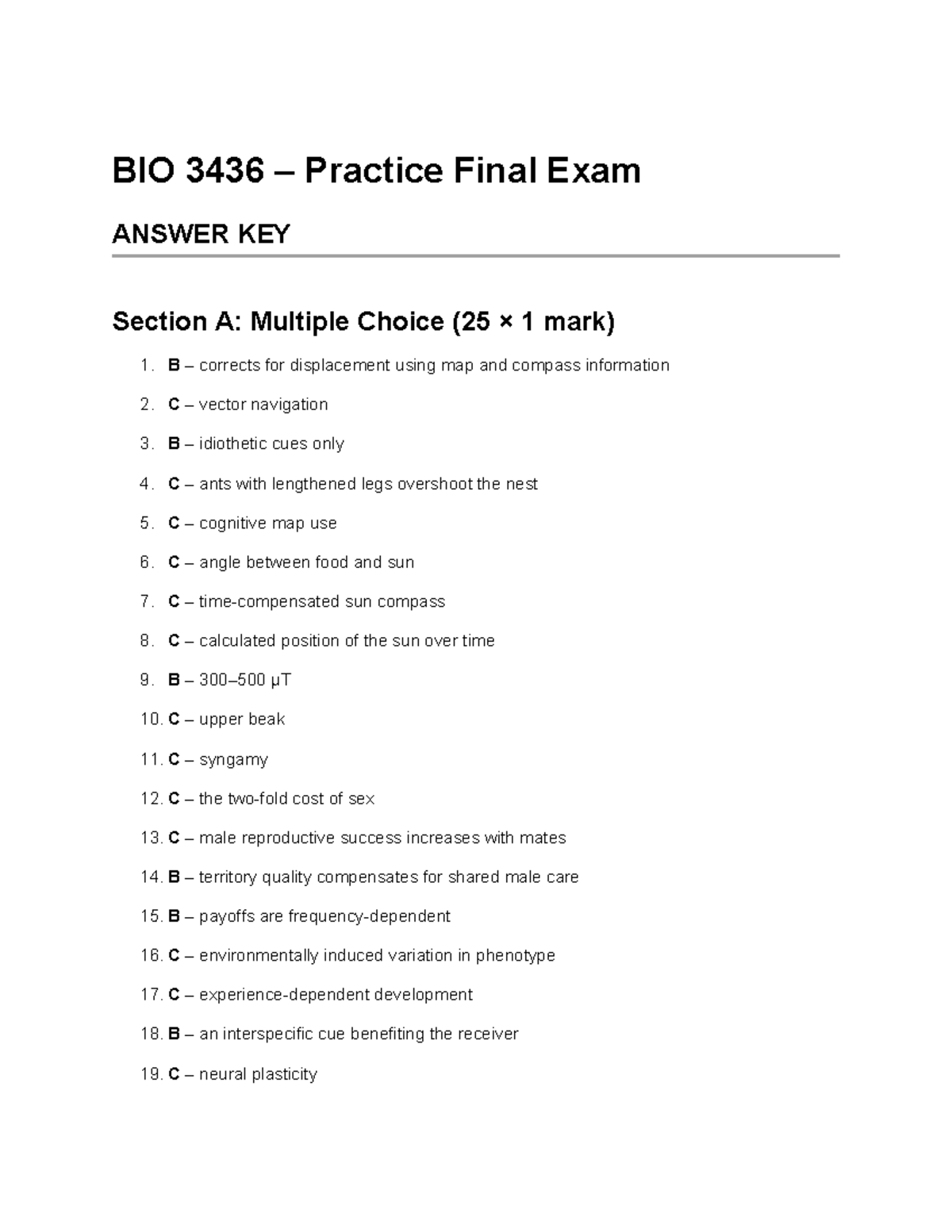 BIO 3436 Practice Final Exam Answer Key: Multiple Choice & Definitions ...