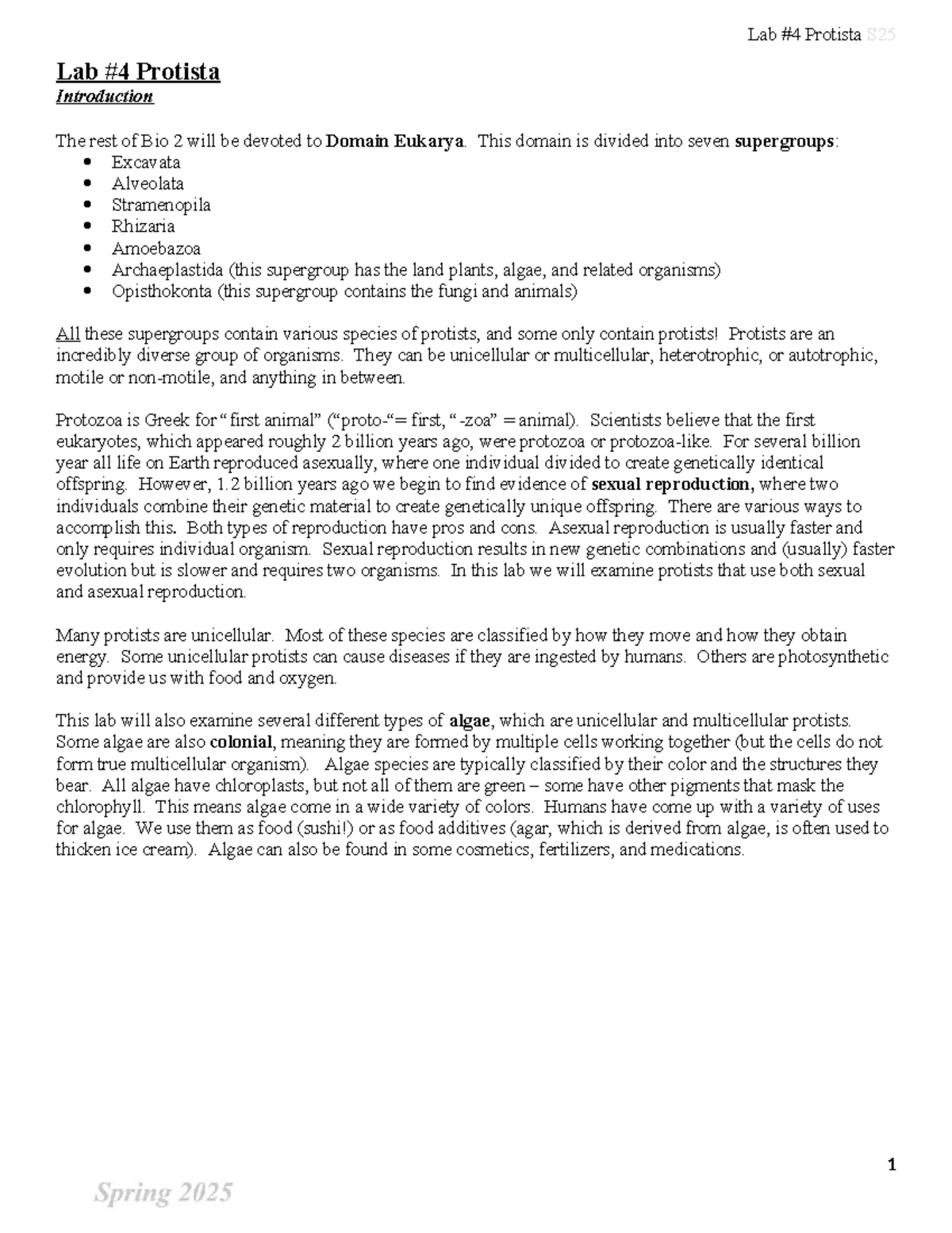 Lab S25 Protista: Exploring eukaryotic diversity and reproduction ...