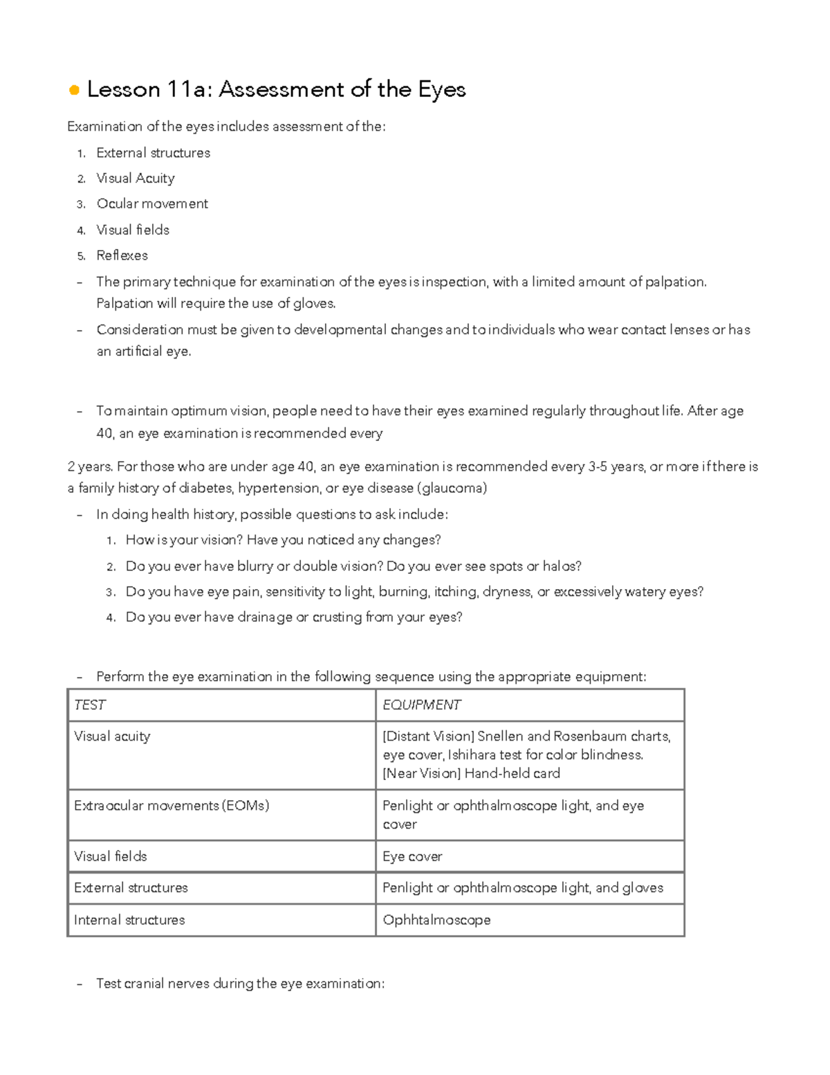 HEALTH ASSESSMENT Lesson 11a: Eye Examination Techniques and ...