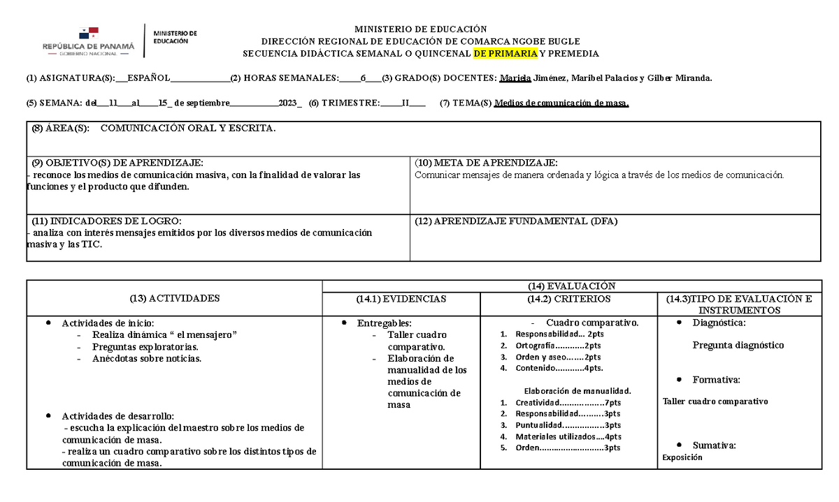 Formato Planificación semanal Primaria y Premedia (1) - MINISTERIO DE ...