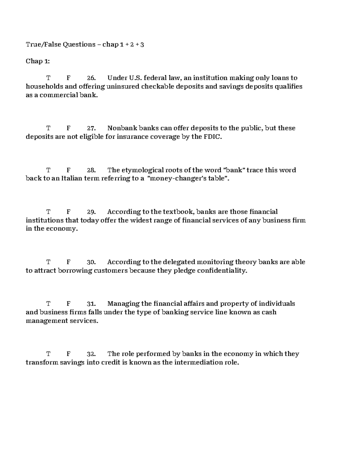 True/False Questions - Commercial Banking (CB 101) - Studocu