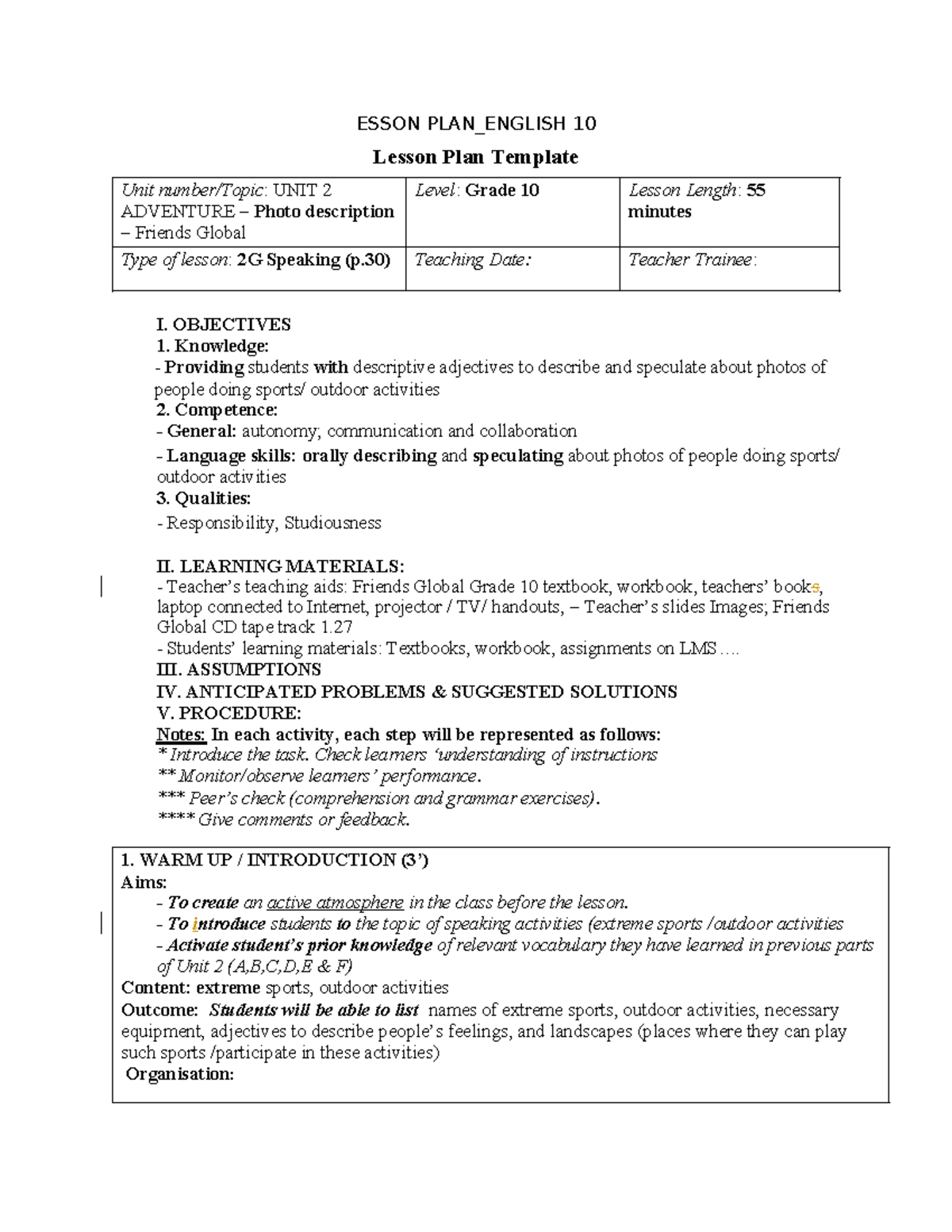 ENGLISH 10 UNIT 2 ADVENTURE Lesson Plan for Speaking Activities - Studocu