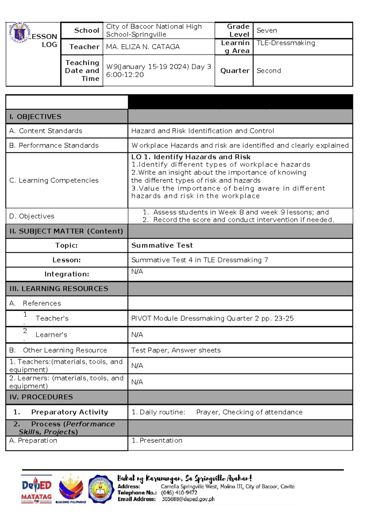 DAILY LESSON LOG: Dressmaking DLP W9 Day 3 - Grade 7 - Studocu