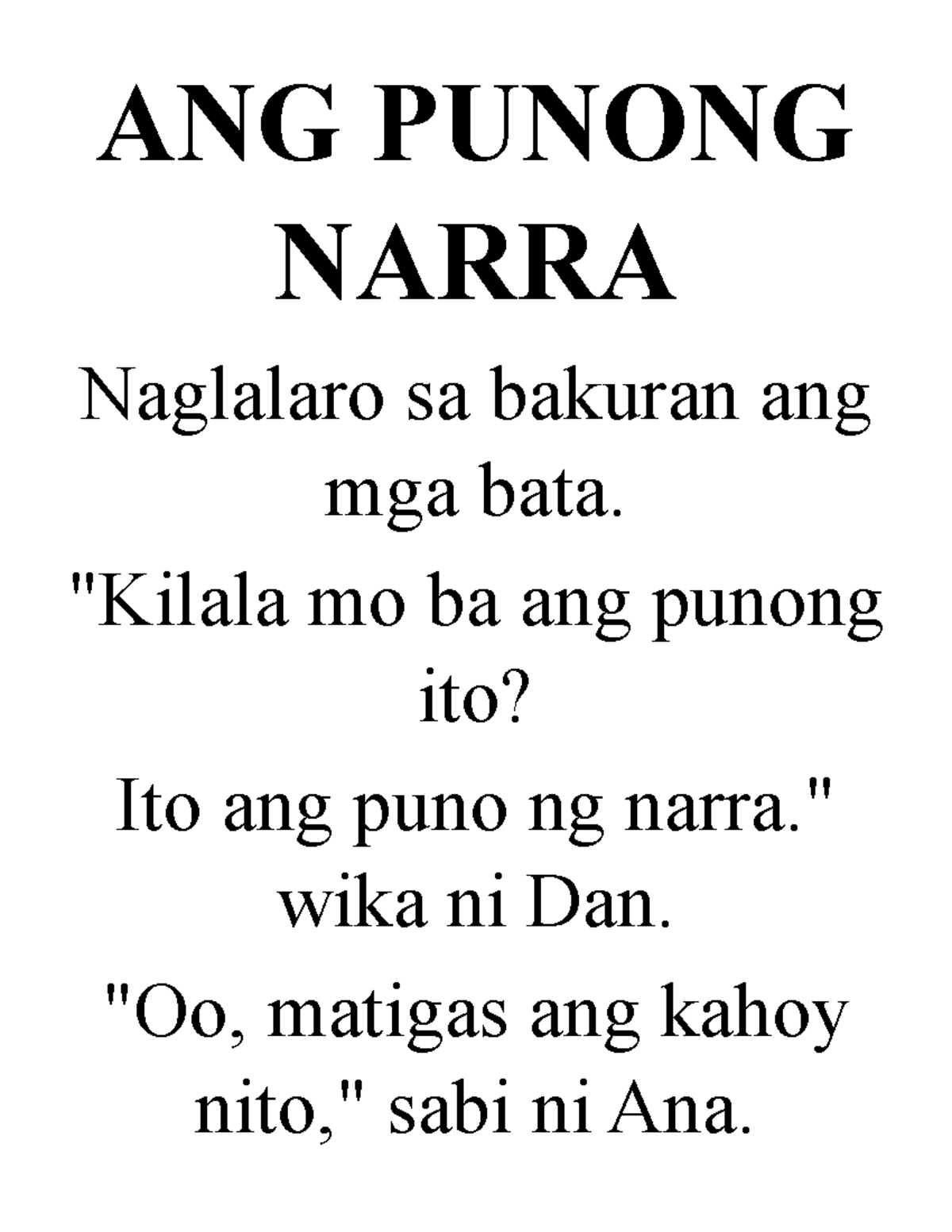 ANG PUNONG NARRA: Kuwento ng mga Bata at kanilang Pag-uusap - Studocu