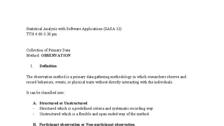 SASA 32: Observation Method in Primary Data Collection Analysis - Studocu