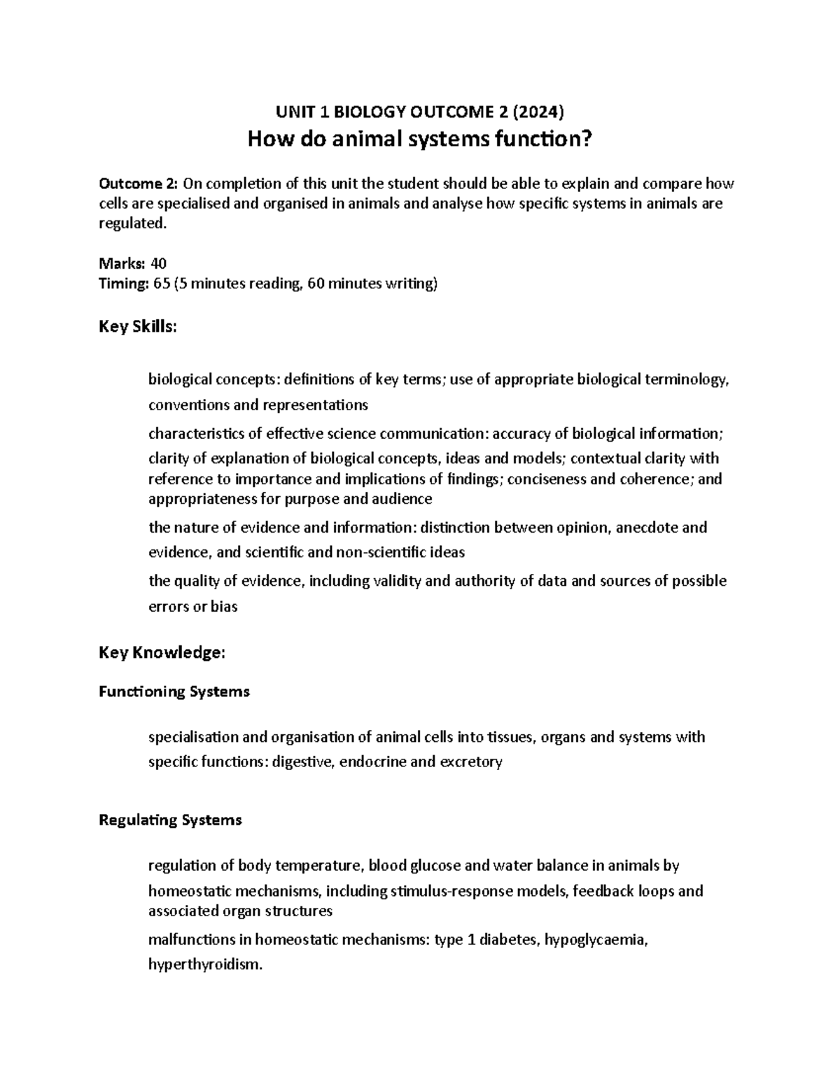 2024 U1 BIOLOGY AOS2 SAC Checklist: Animal Systems Function - Studocu