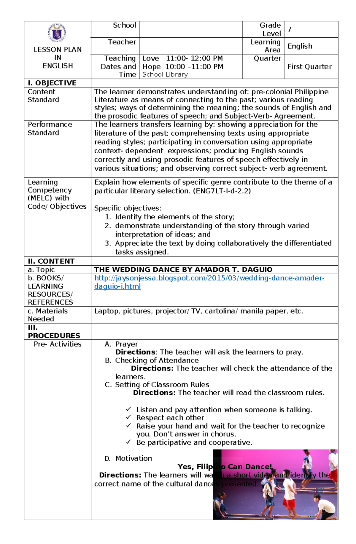 Q1- wedding dance - LESSON PLAN IN ENGLISH School Grade Level 7 Teacher ...