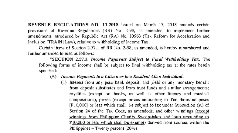 Digest of BIR Revenue Regulations No. 11-2018 on Withholding Tax - Studocu