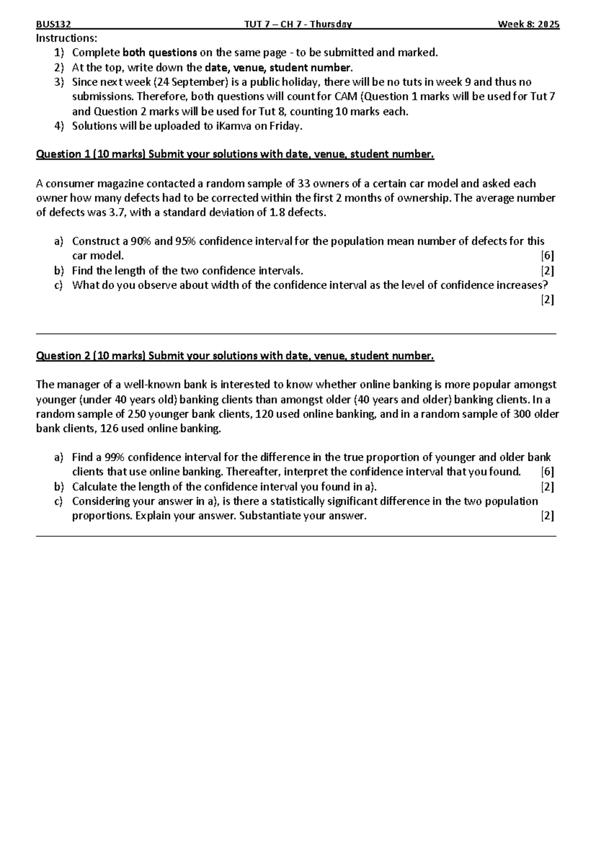 BUS132 TUT 7 CH 7 Thursday Week 8: Confidence Intervals & Proportions - Studocu