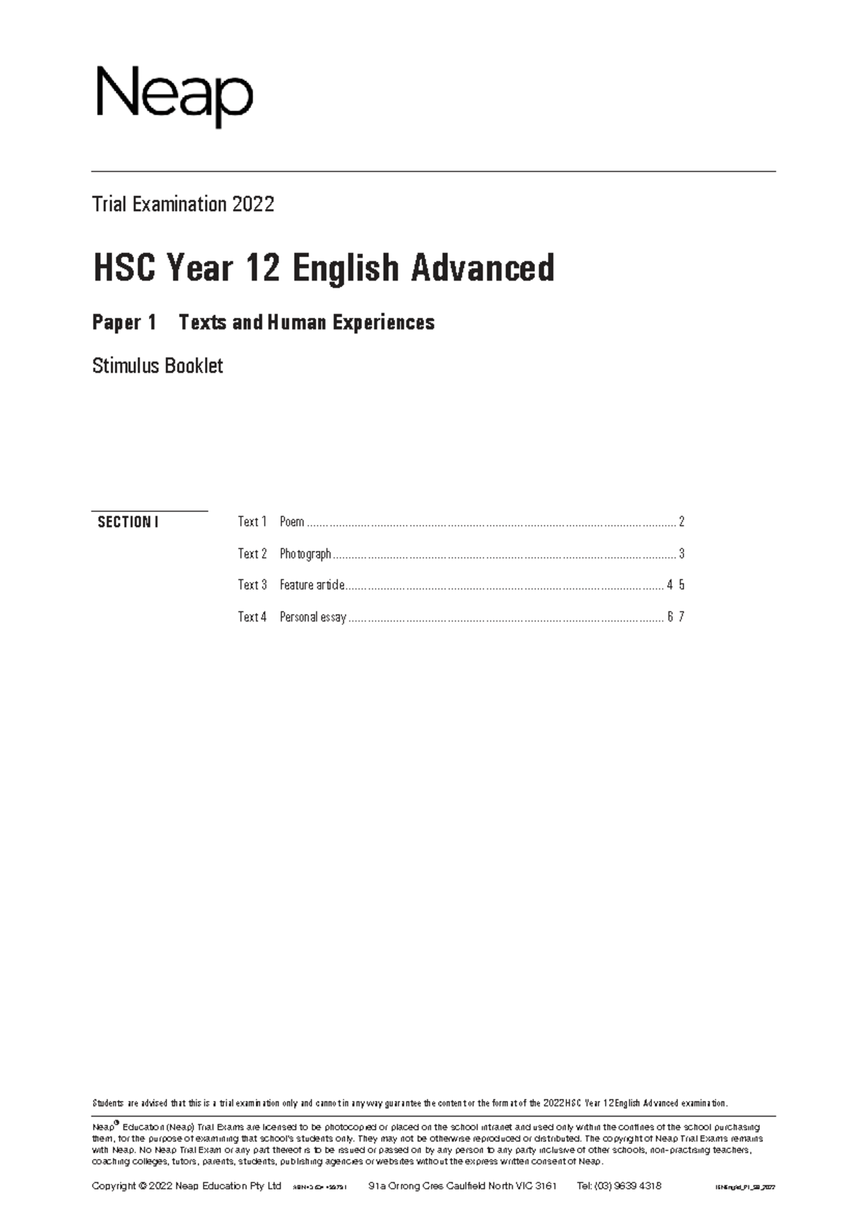 HSC Year 12 English Advanced Trial Exam 2022 Paper 1 Stimulus Booklet ...