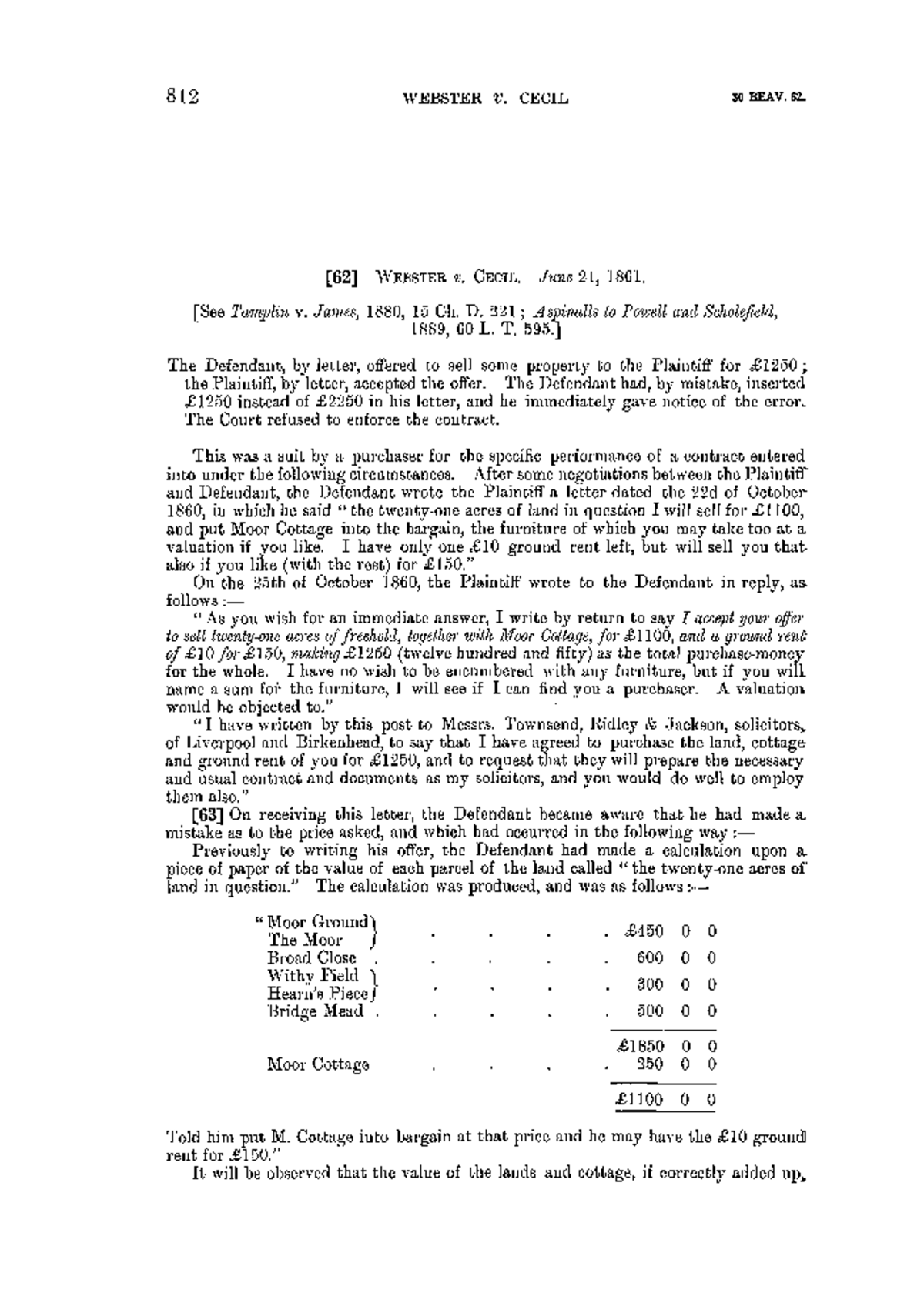 Webster v Cecil: Analysis of Contract Enforceability (1861 Case) - Studocu