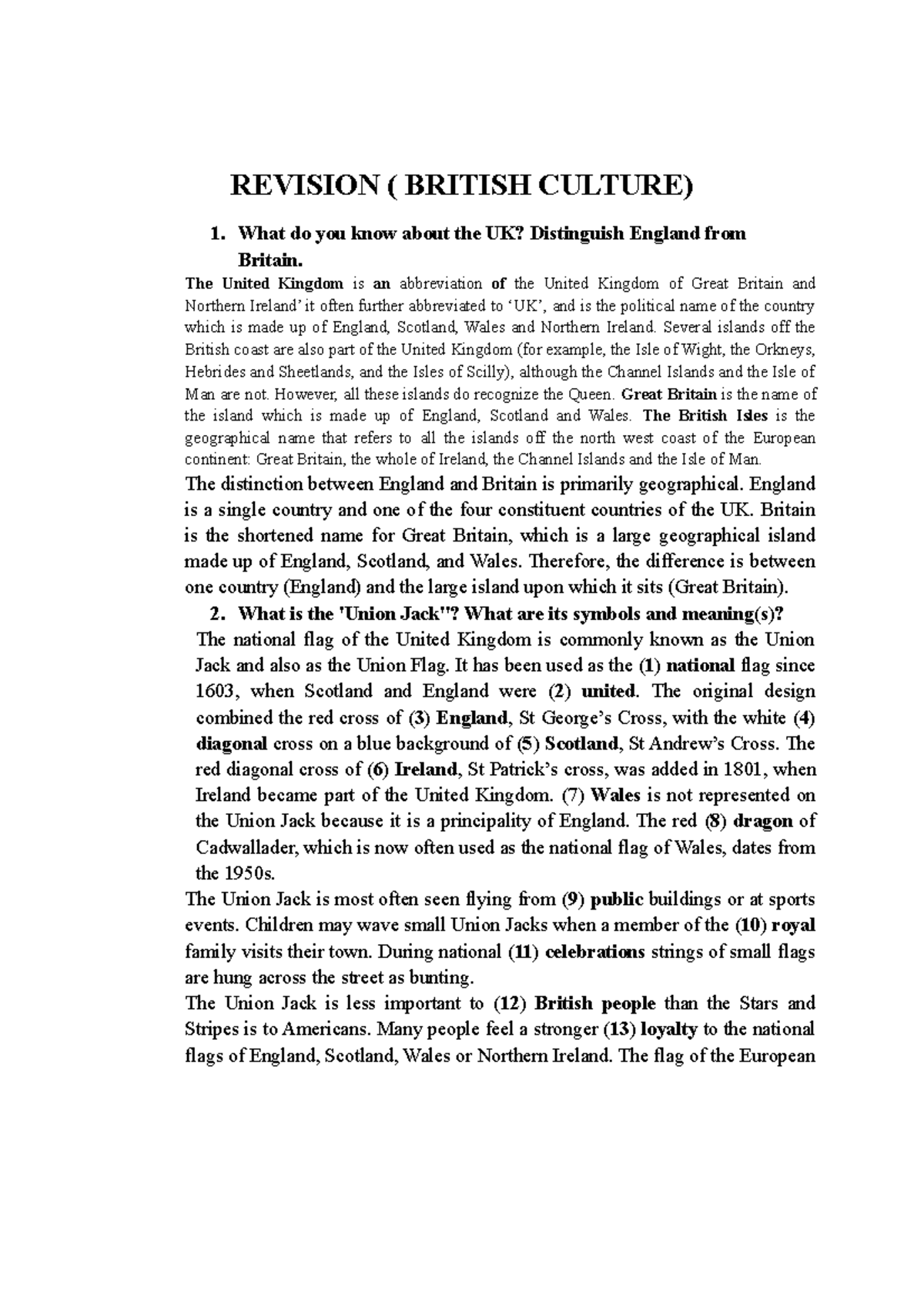 BRITISH CULTURE REVISION: Understanding the UK and Its Symbols - Studocu