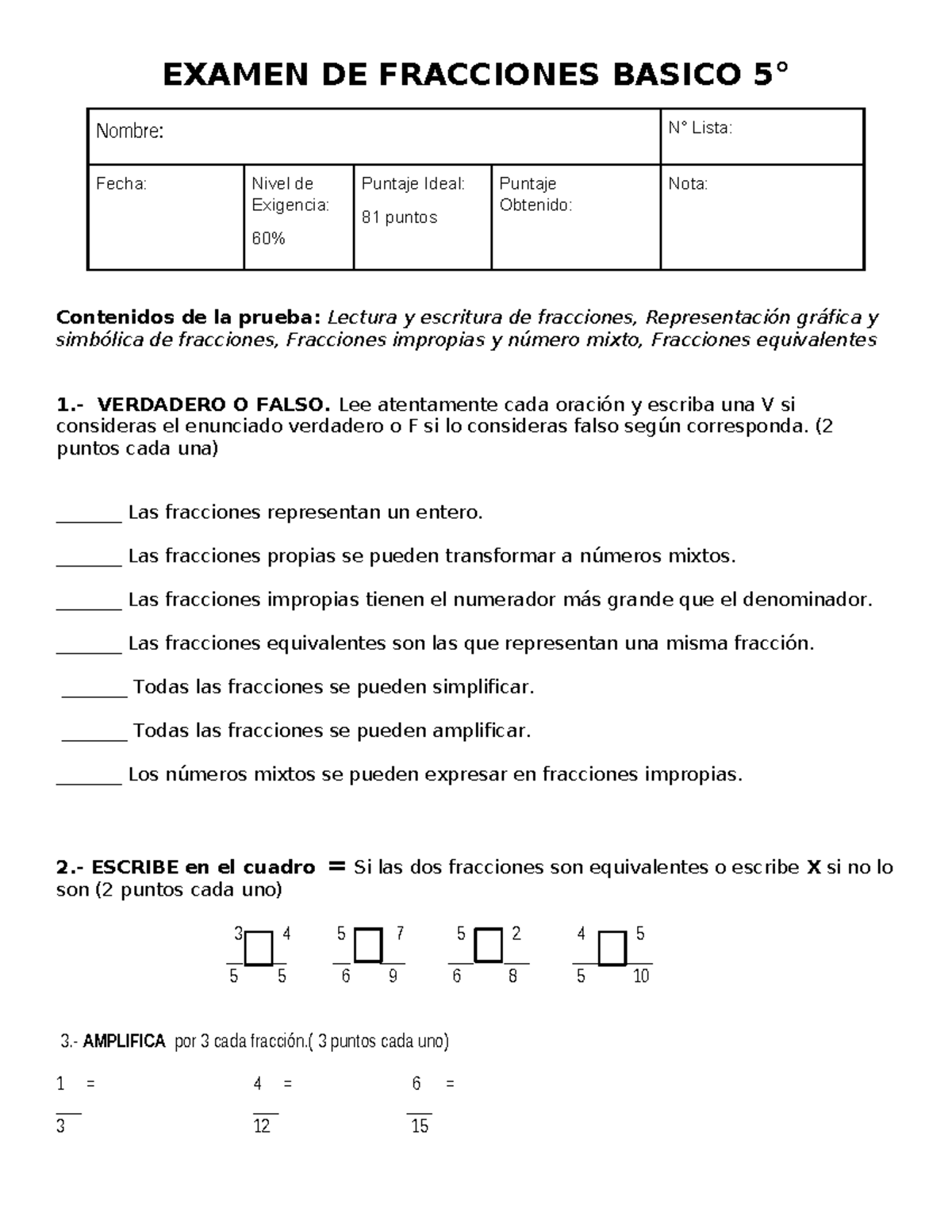 Examen de Fracciones Básico 5: Evaluación y Ejercicios - Studocu
