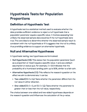 Hypothesis Tests for Population Proportions (STAT 101) - Study Notes ...