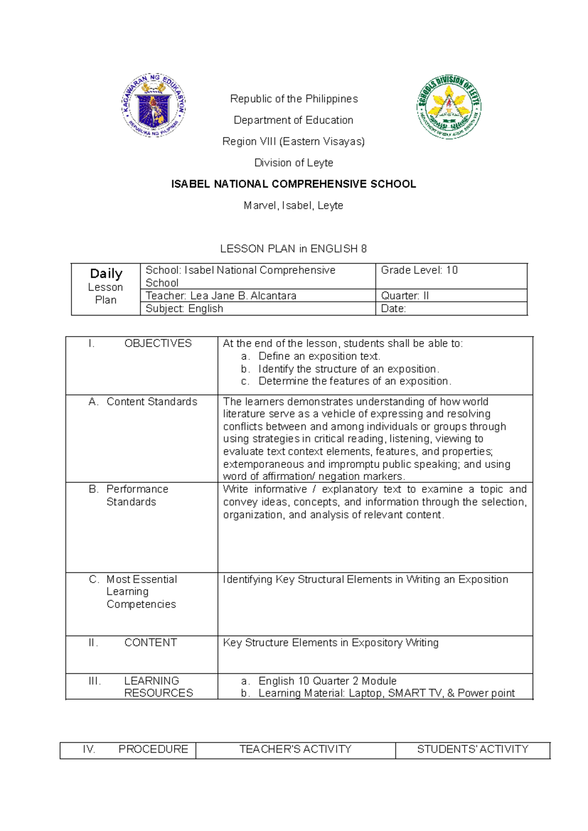 ENG 10 Lesson Plan: Key Elements in Writing an Exposition - Studocu