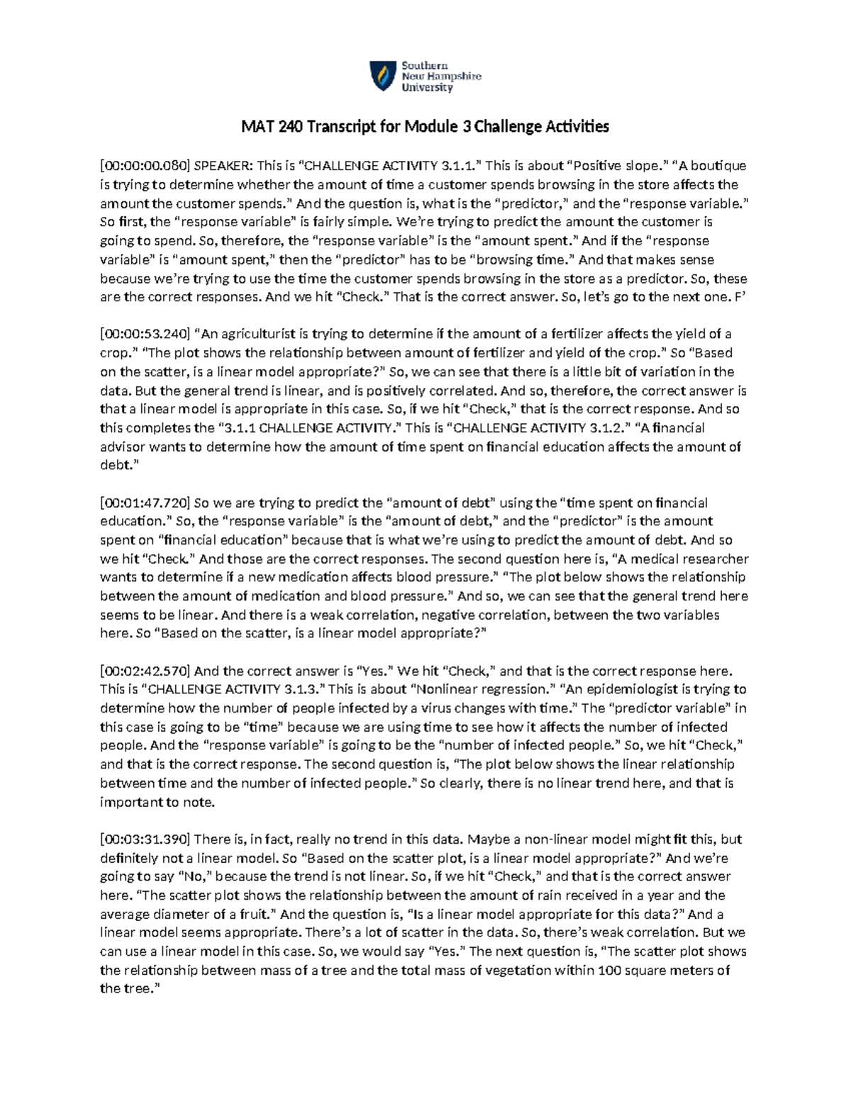MAT 240 Challenge Activity 3.1-3.3 Transcript on Regression Analysis ...