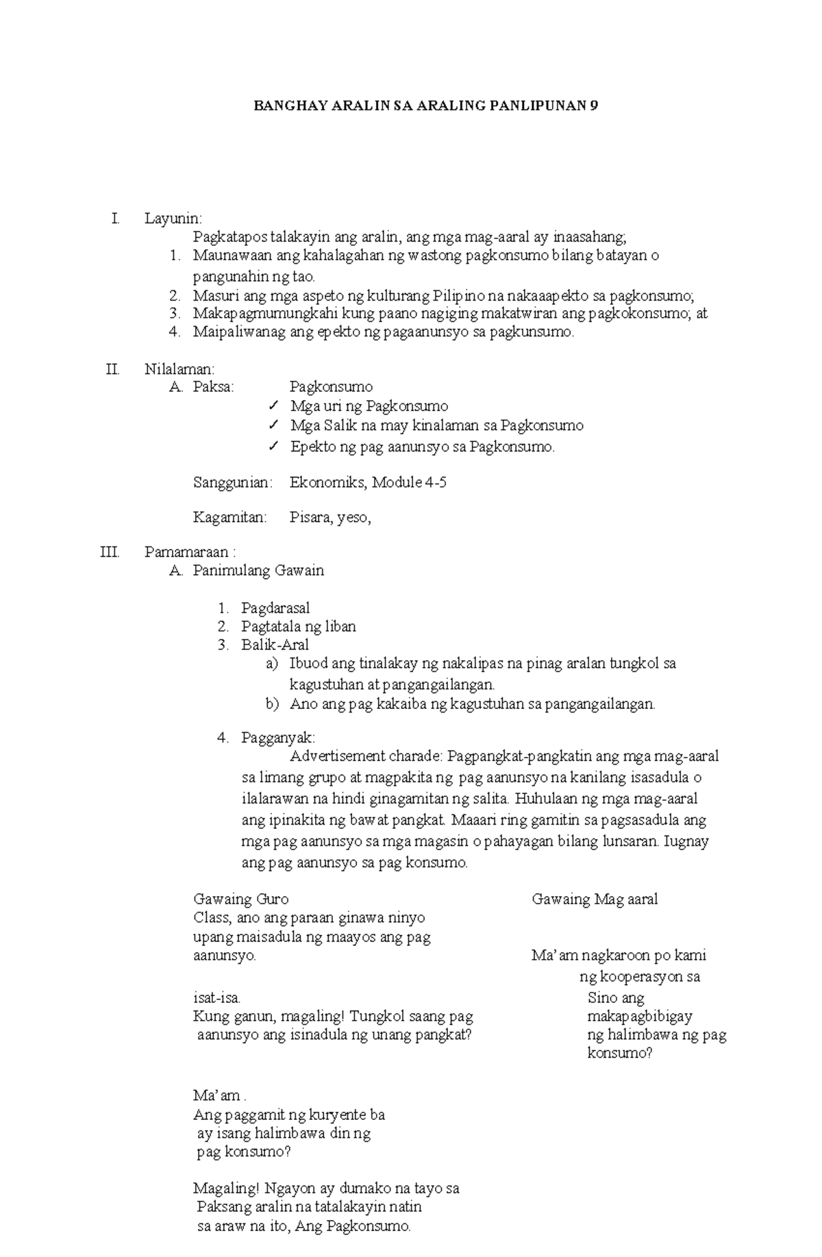 LP Pagkonsumo: Lesson Plan sa Araling Panlipunan 9 - Studocu