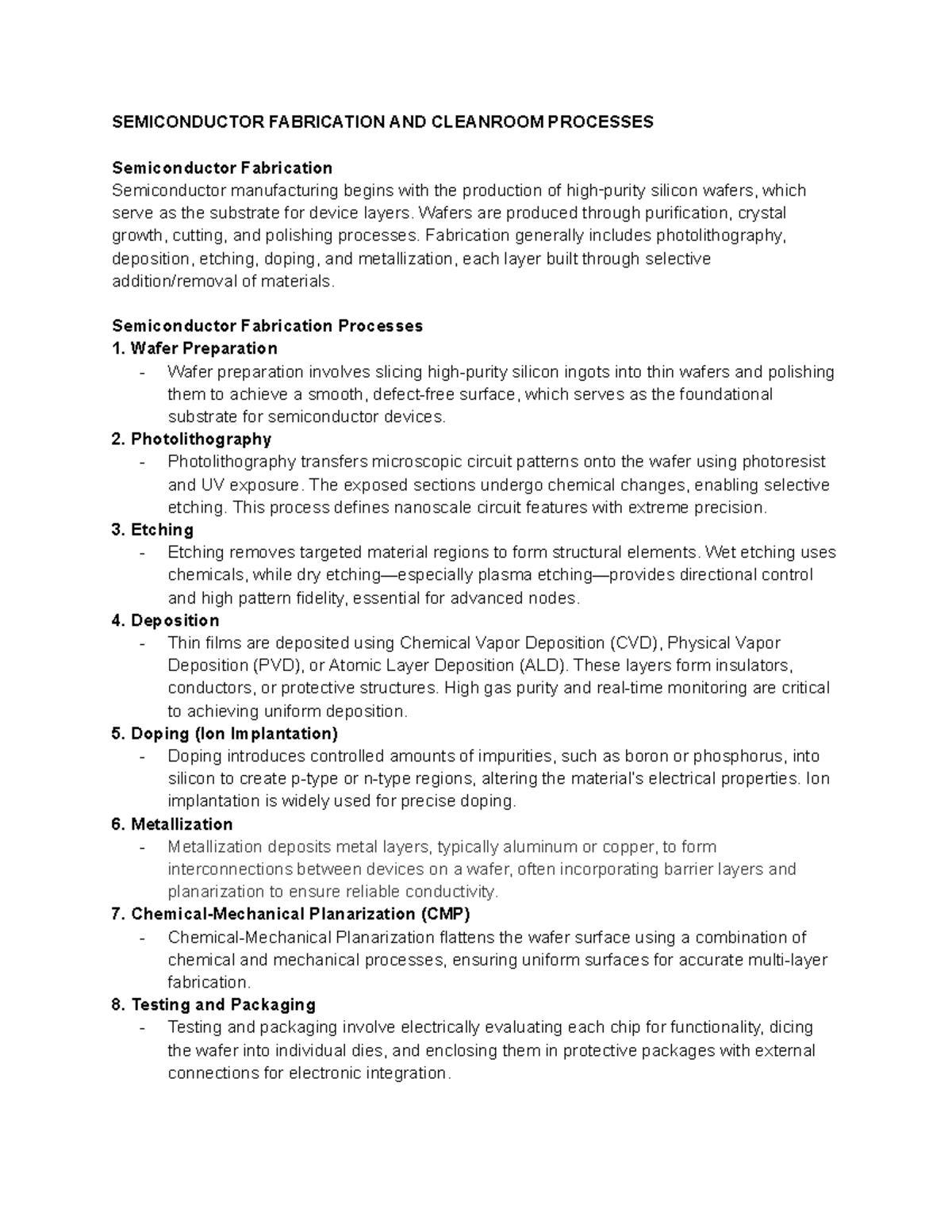 Semiconductor Fabrication & Cleanroom Processes Overview - Studocu