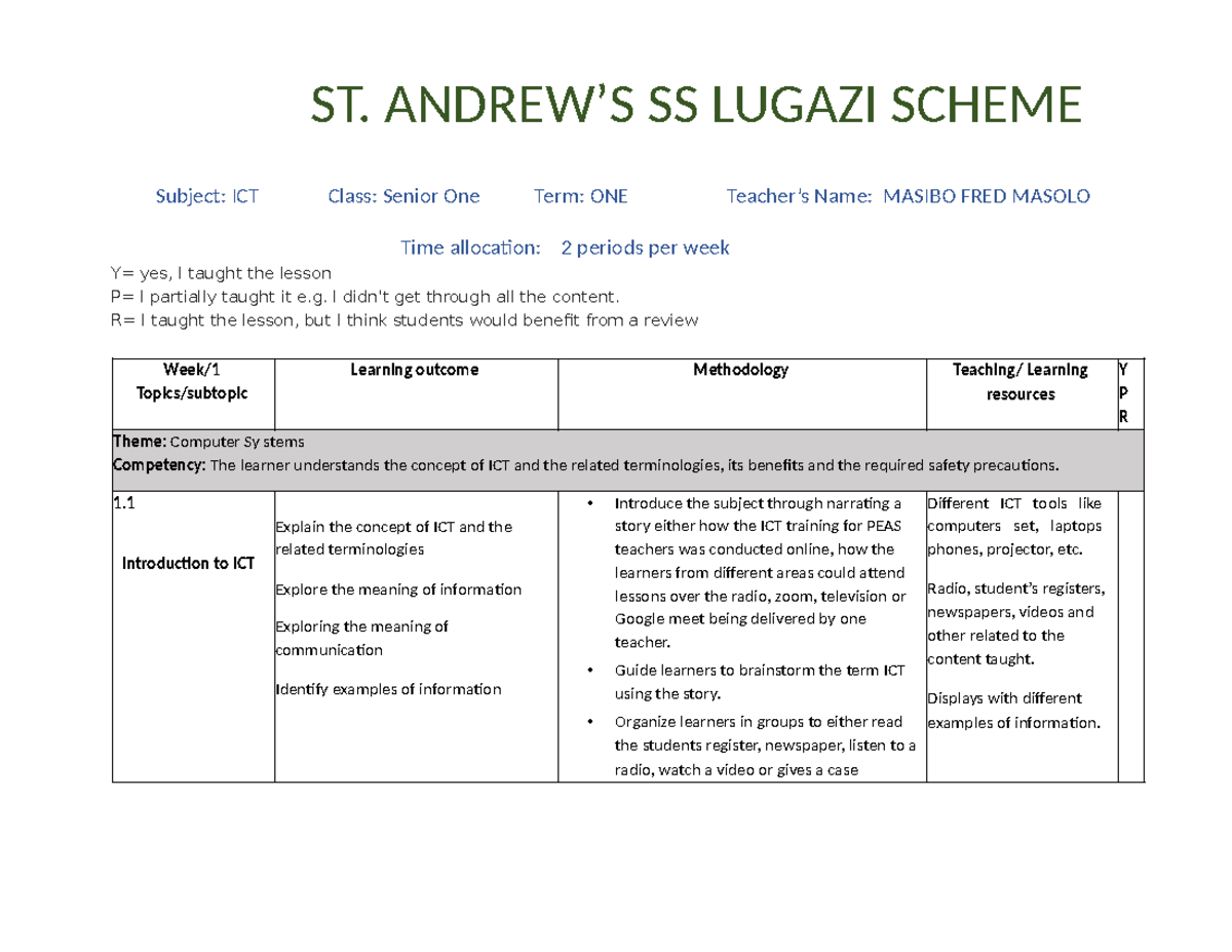 SOW S1 ICT-1: Senior One ICT Scheme of Work for Semester Two - Studocu