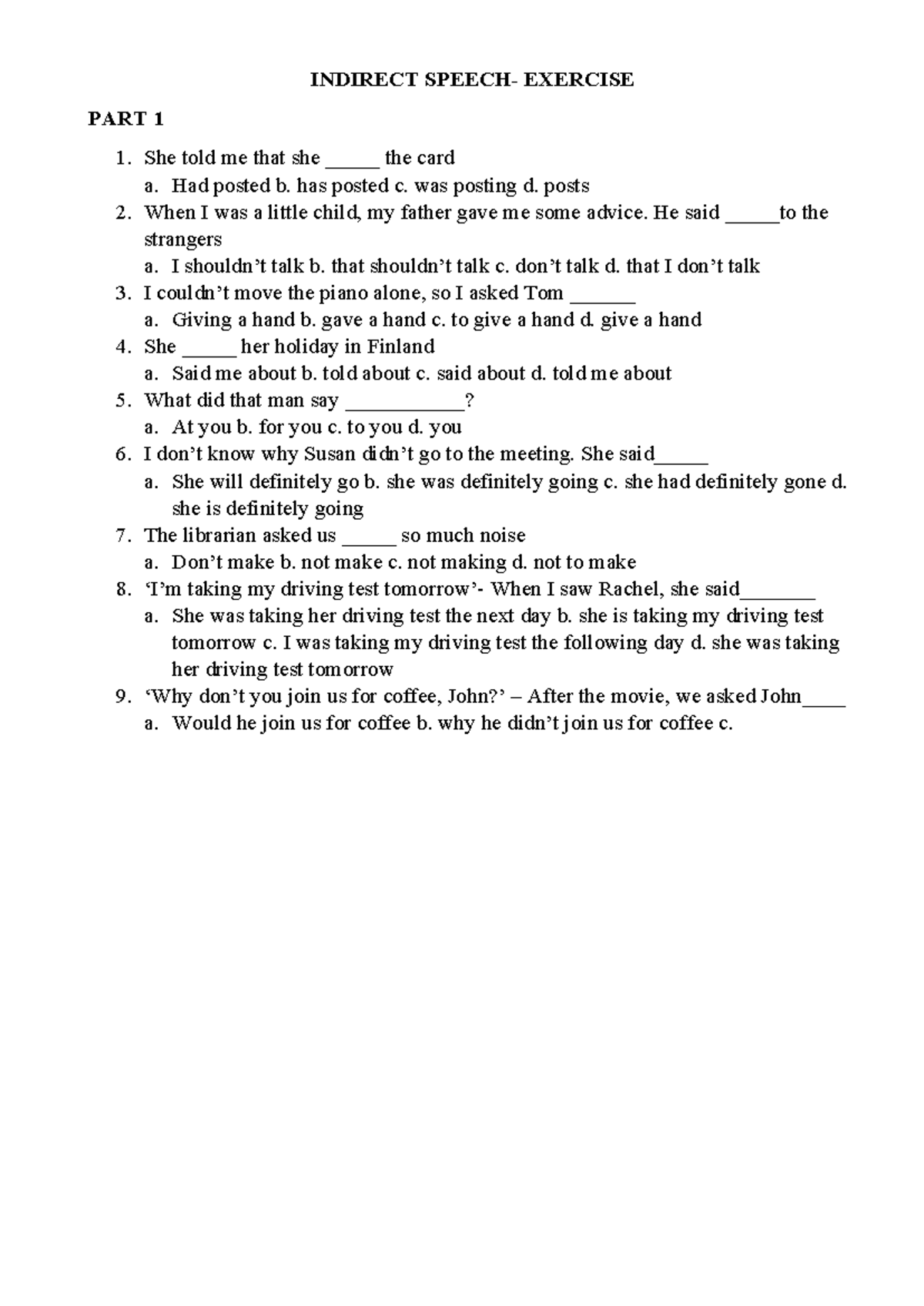 Indirect Speech - Exercise - INDIRECT SPEECH- EXERCISE PART 1 She told ...